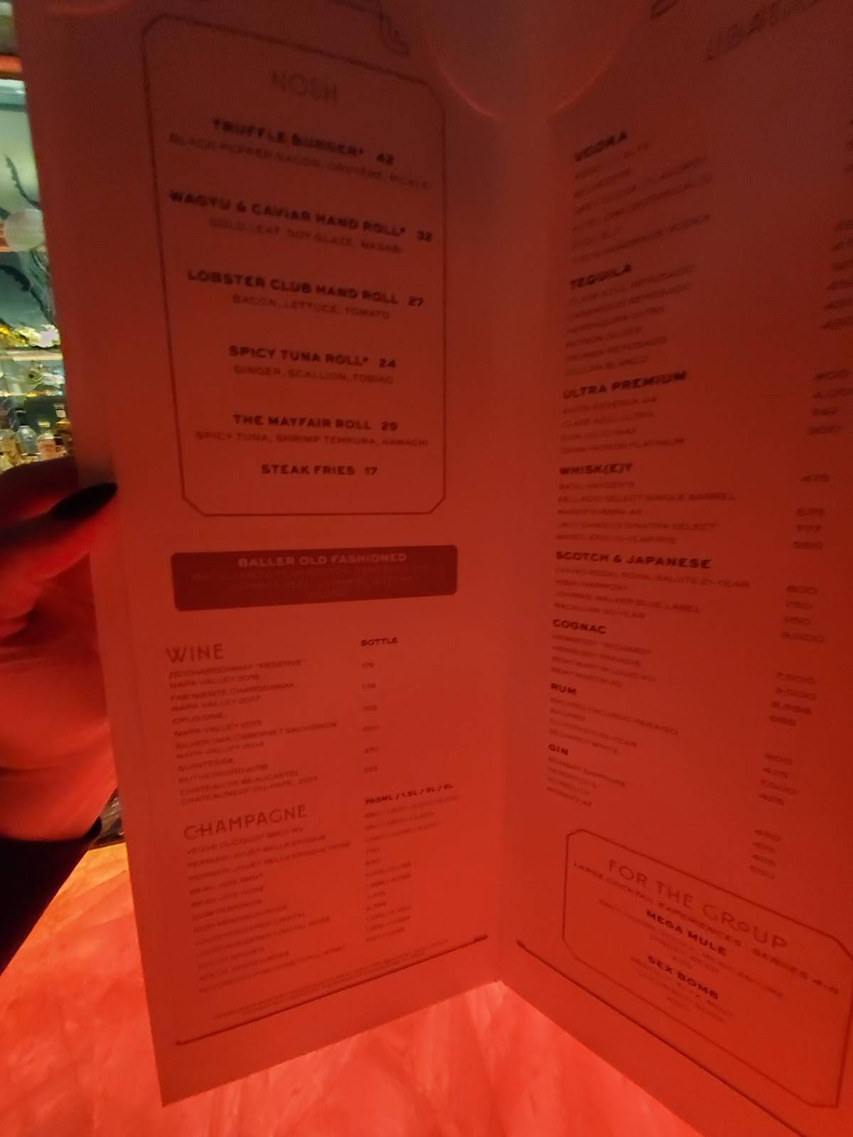 Menu at The Mayfair Supper Club, Las Vegas