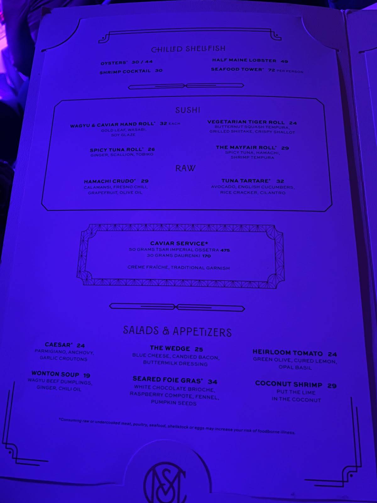 Menu at The Mayfair Supper Club, Las Vegas