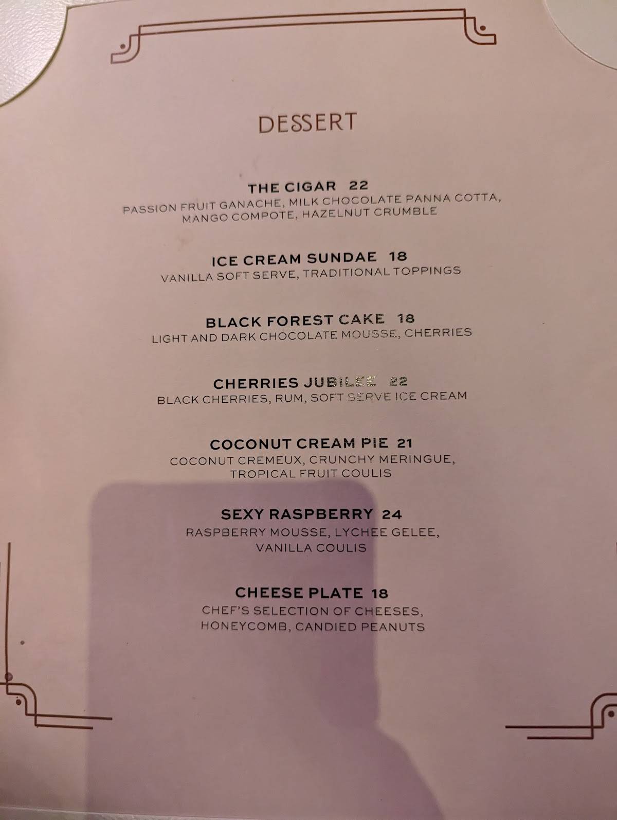 Menu at The Mayfair Supper Club, Las Vegas