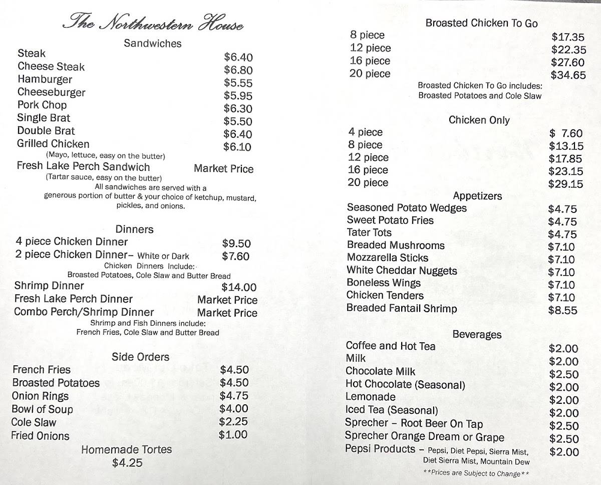 Menu at The Northwestern House pub & bar, Sheboygan