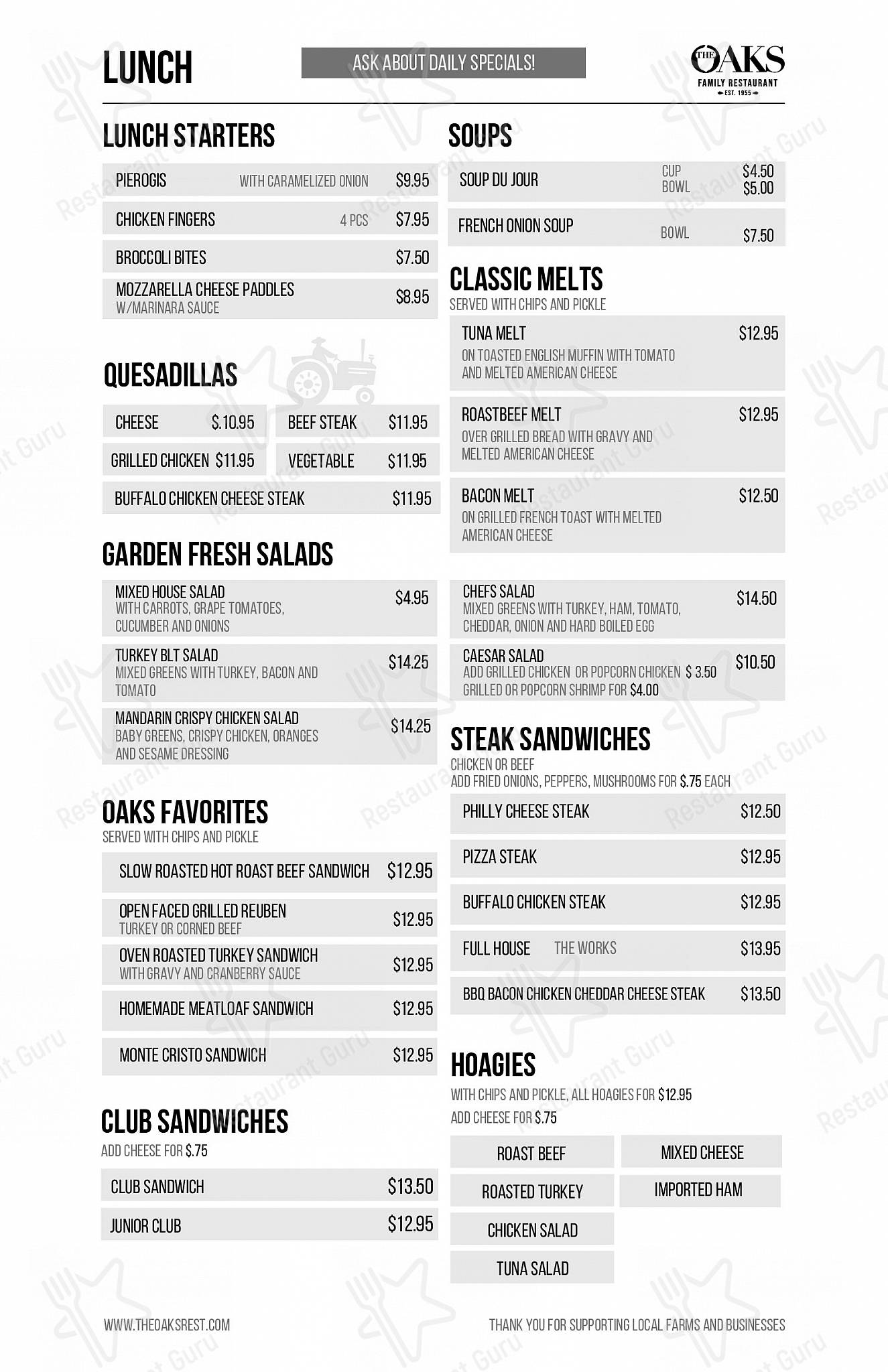 Menu at The Oak's Family Restaurant, Plumsteadville