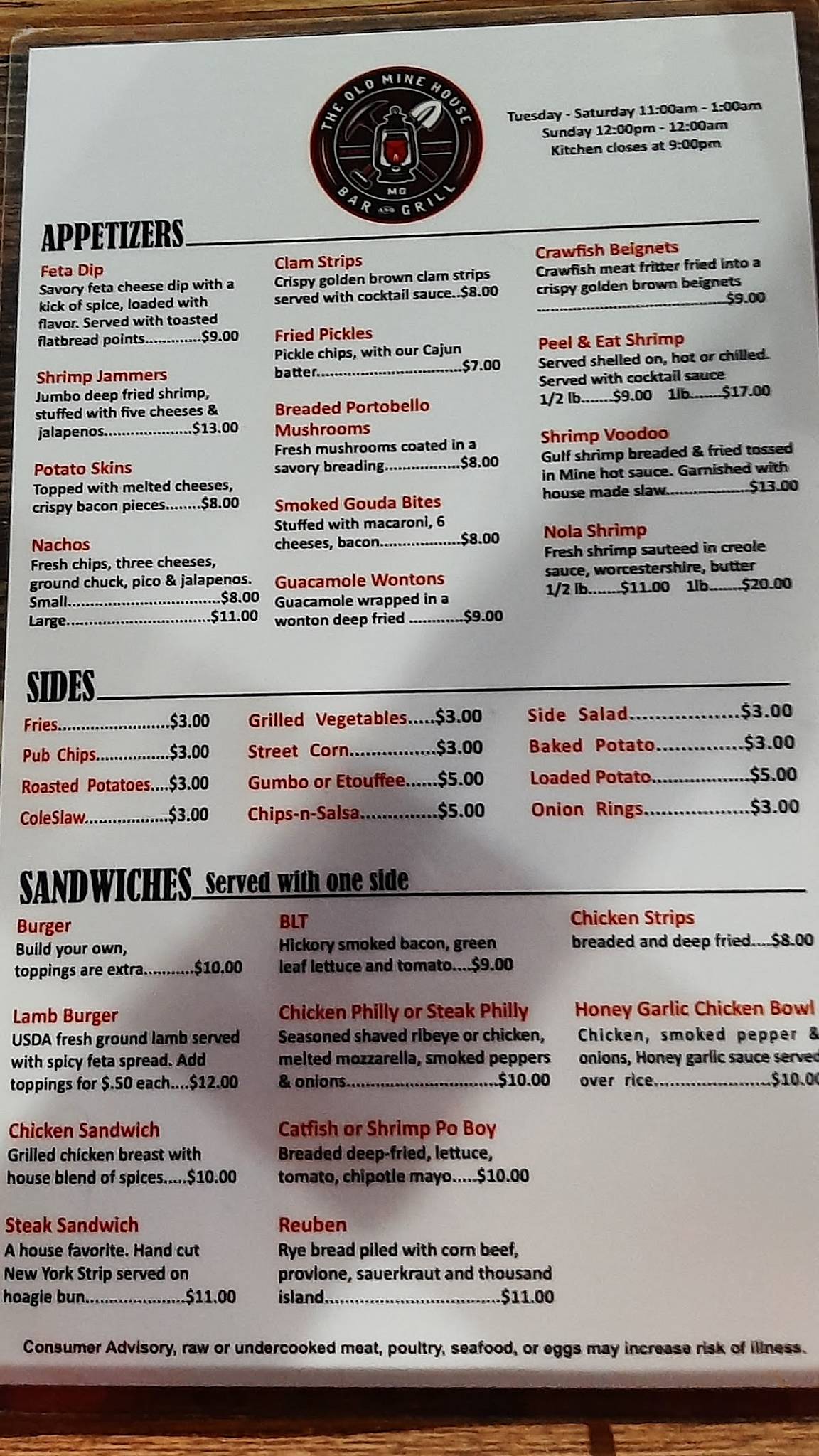 Menu at The Old Mine House Bar & Grill, Park Hills