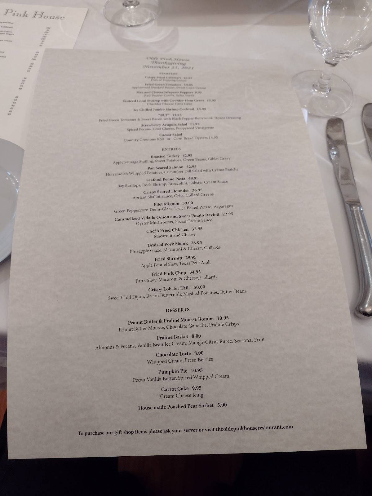 Menu at The Olde Pink House pub & bar, Savannah