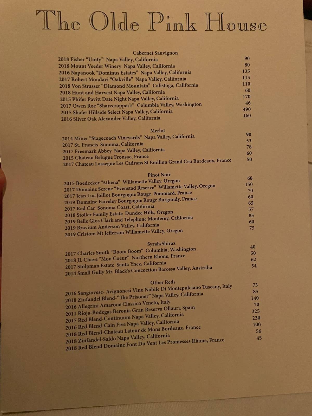Menu at The Olde Pink House pub & bar, Savannah