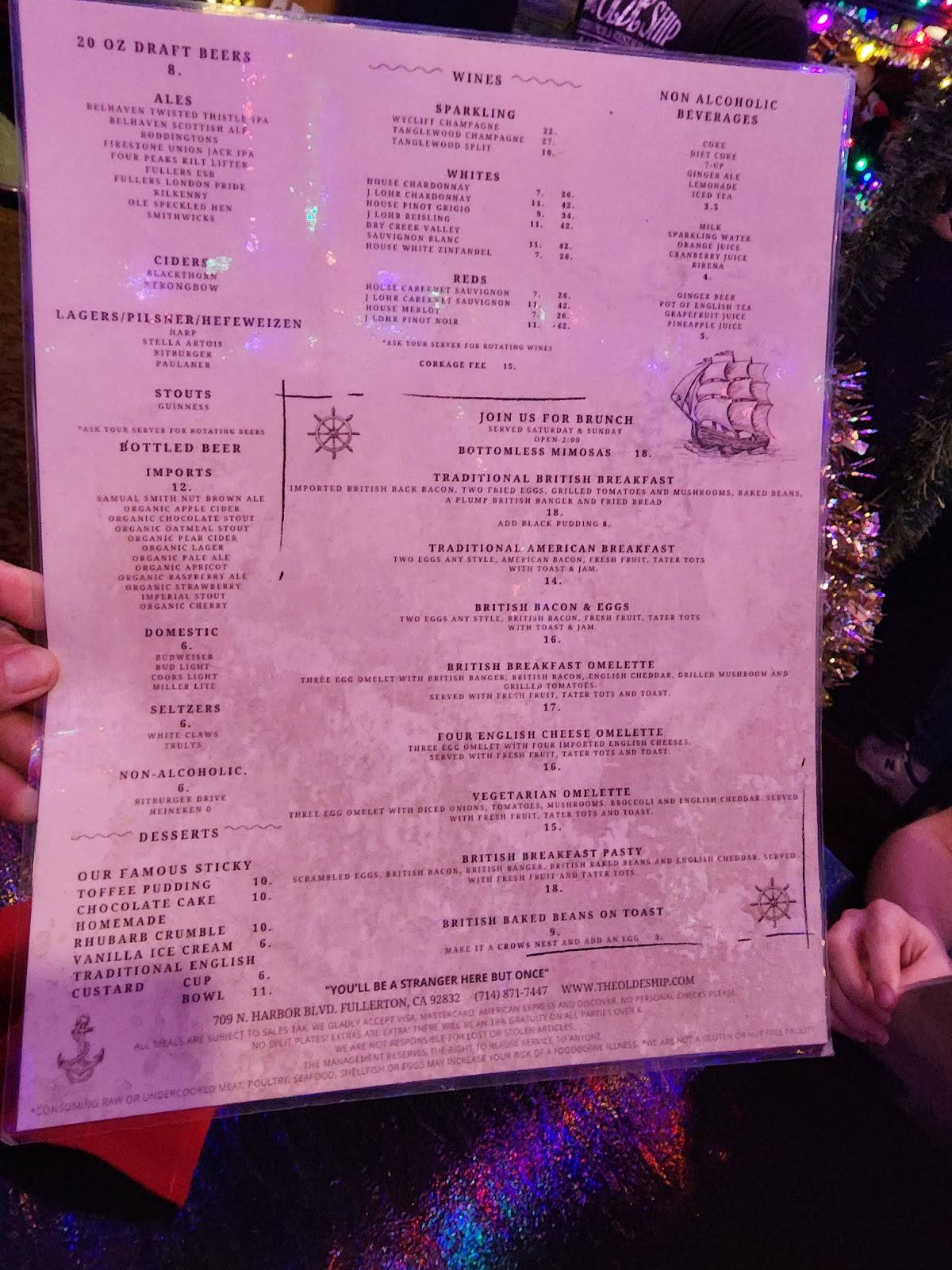 Menu at The Olde Ship pub & bar, Fullerton
