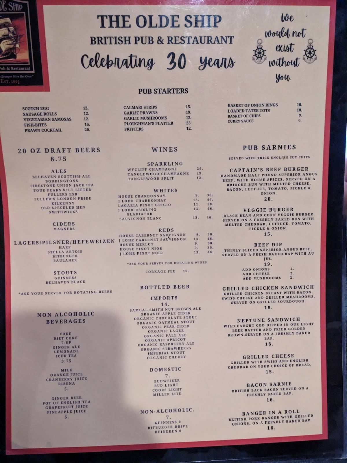 Menu at The Olde Ship pub & bar, Fullerton