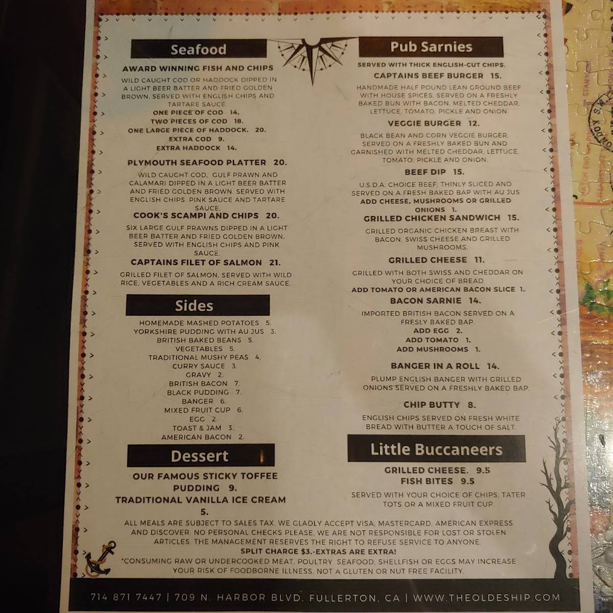 Menu at The Olde Ship pub & bar, Fullerton