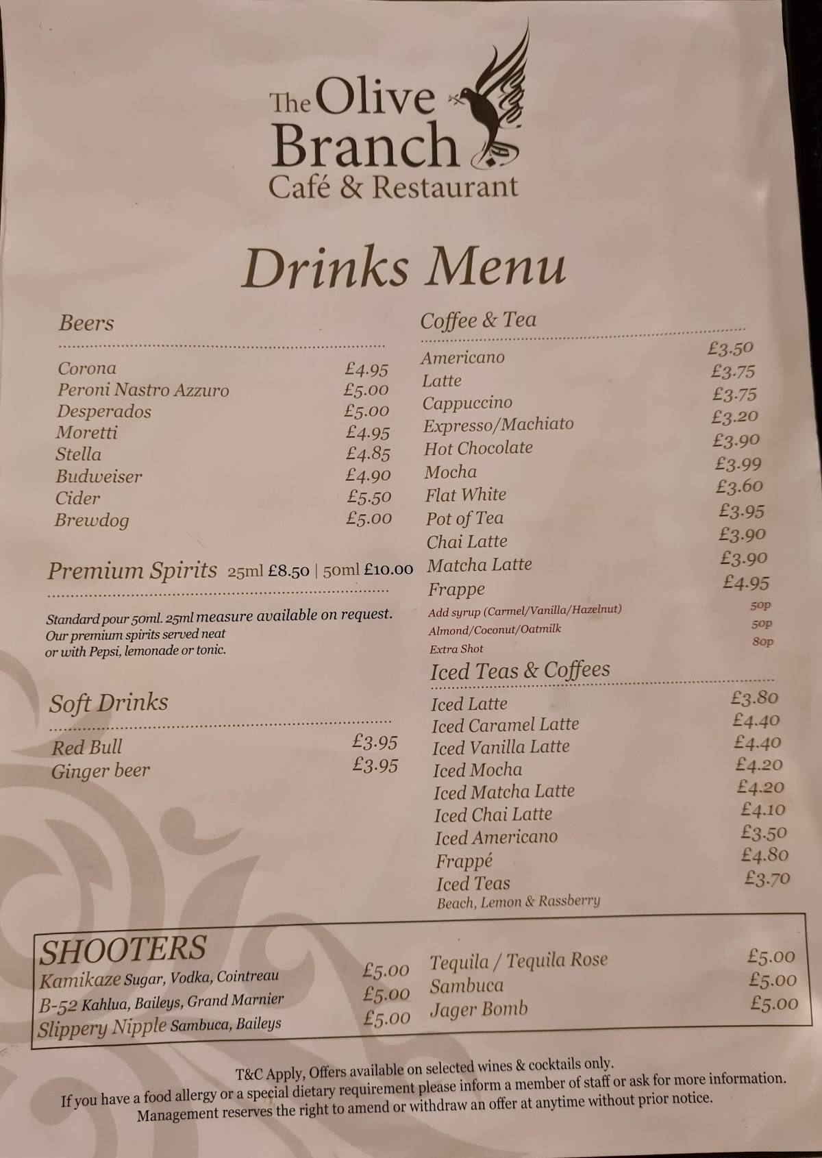 Menu at The Olive Branch Café & Restaurant, Oxford