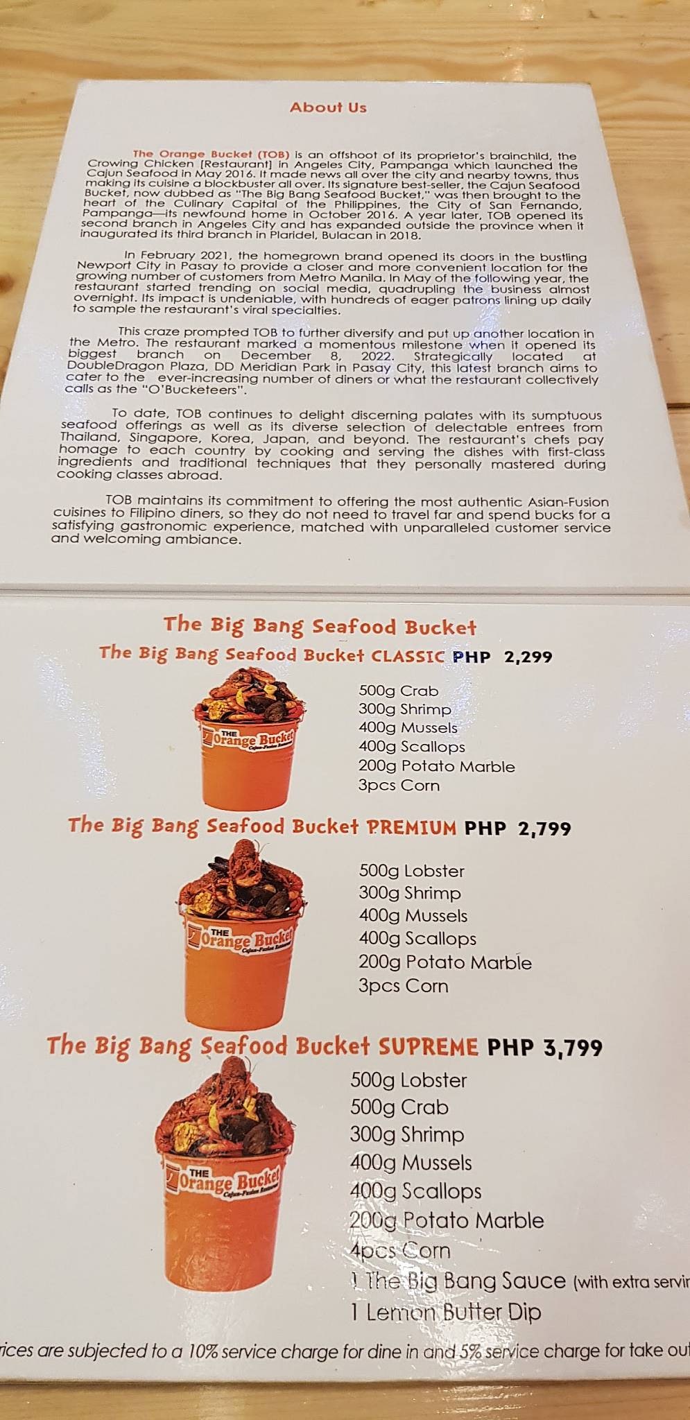 Menu at The Orange Bucket restaurant, Pasay