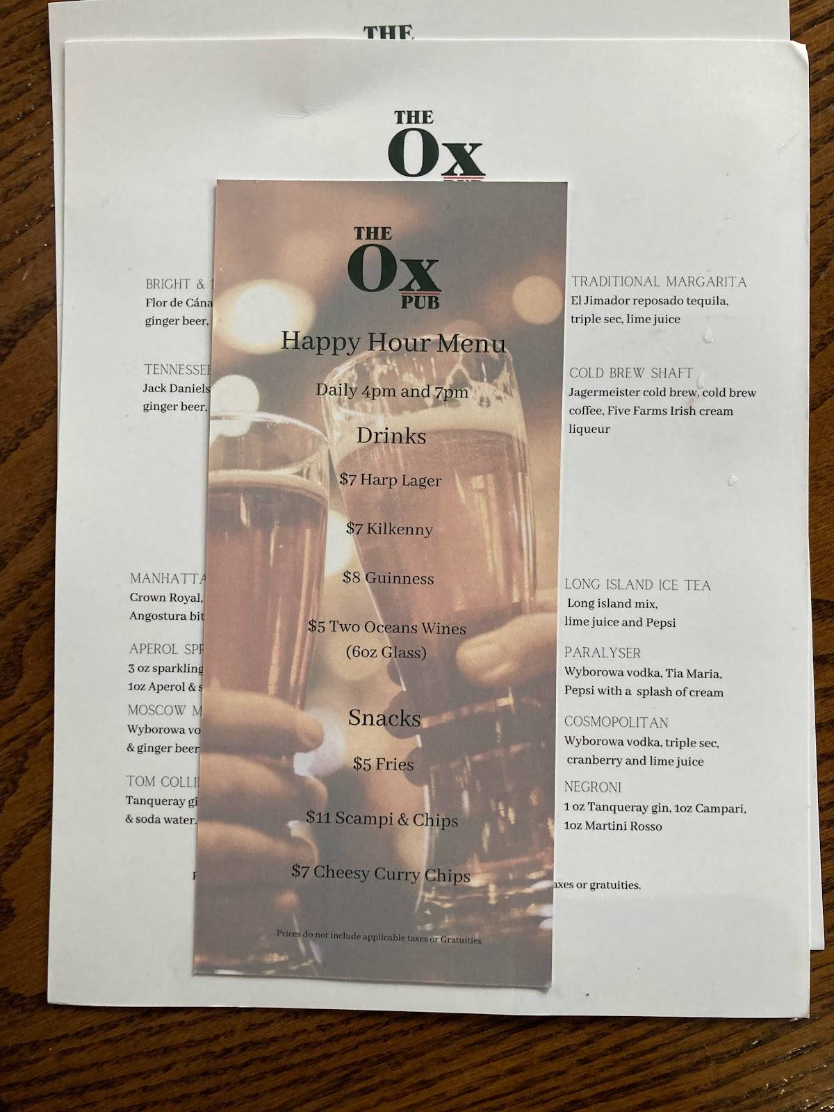 Menu at The Ox Pub, Vancouver, 800 Granville St