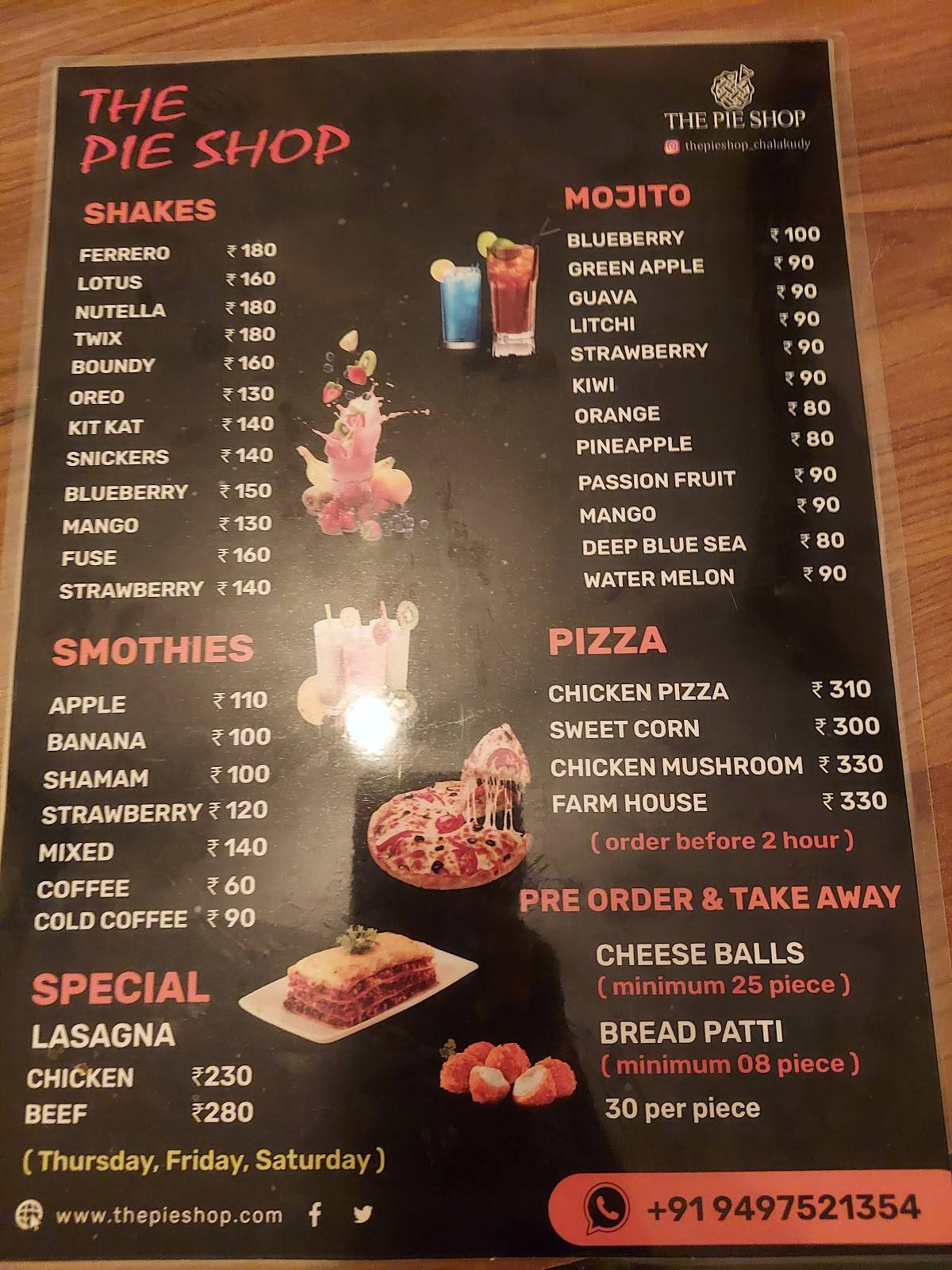Menu at The Pie Shop, Chalakudy