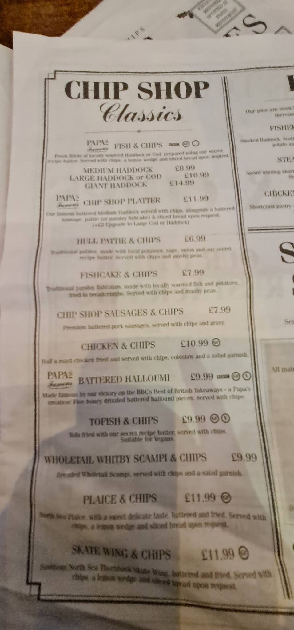 Menu at The Pier Cleethorpes - Papas restaurant, Cleethorpes