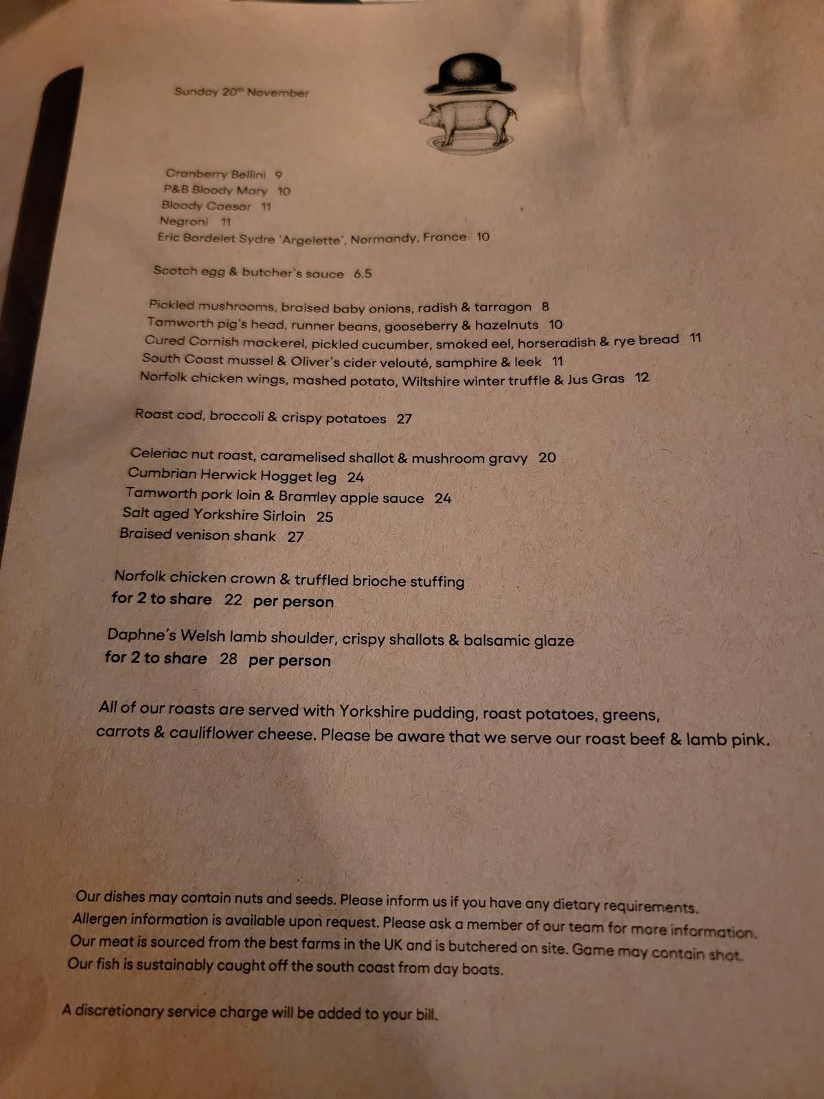 Menu at The Pig and Butcher pub & bar, London