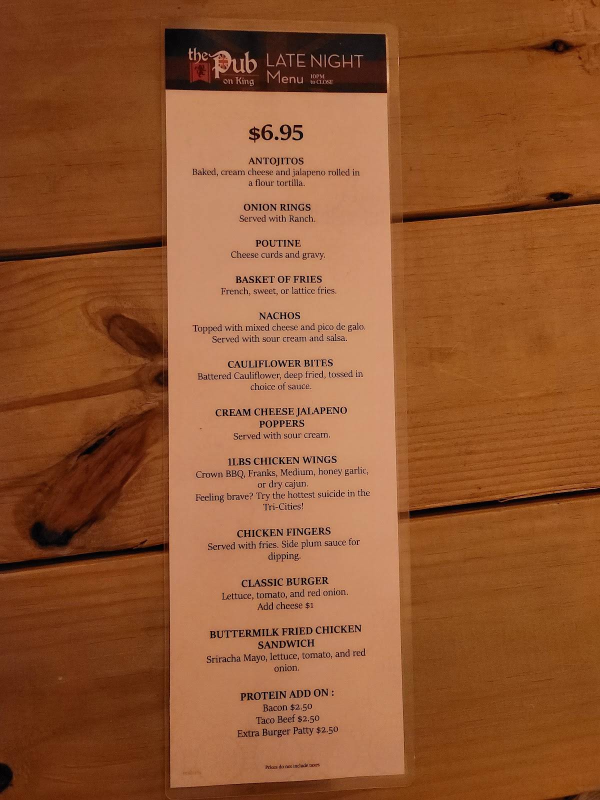 Menu at The Pub On King, Waterloo, 77 King St N