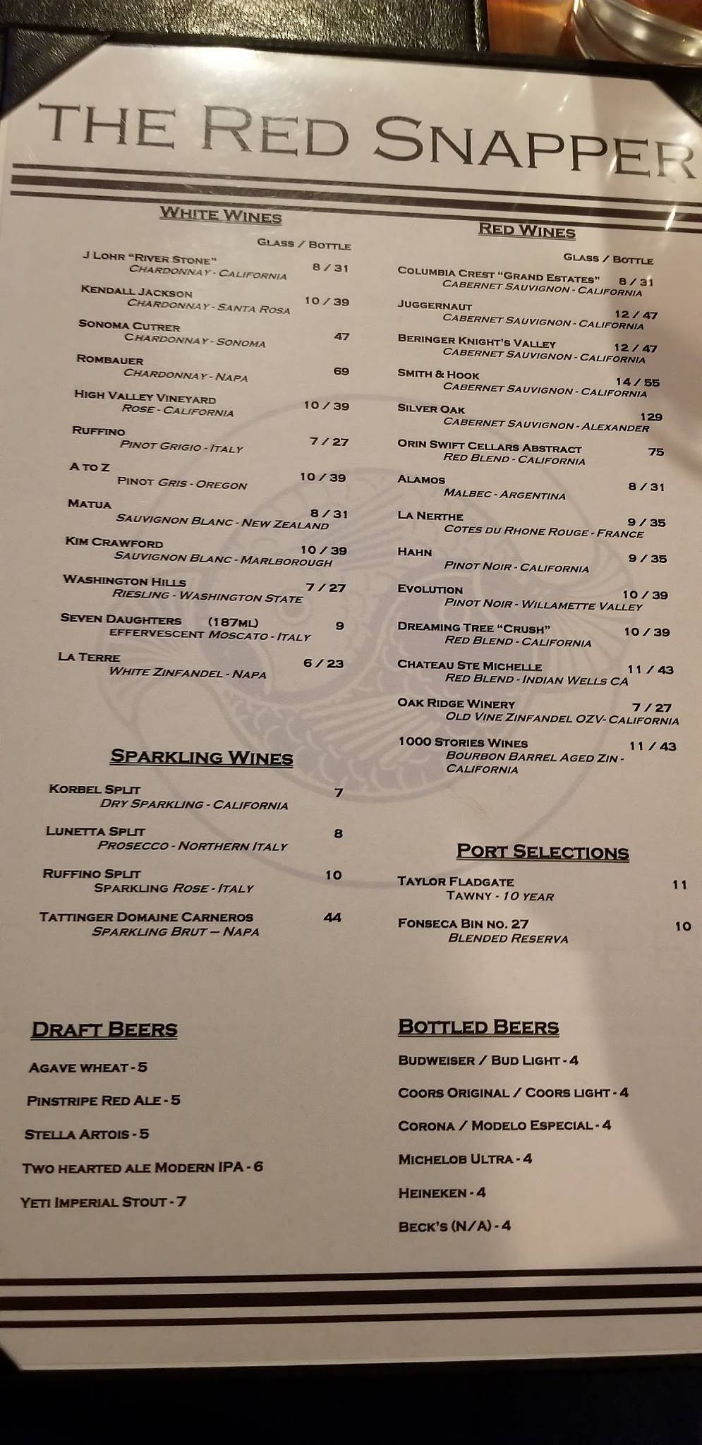 Menu at The Red Snapper steakhouse, Durango