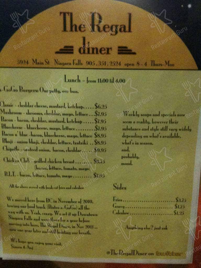 Menu at The Regal Diner restaurant, Niagara Falls