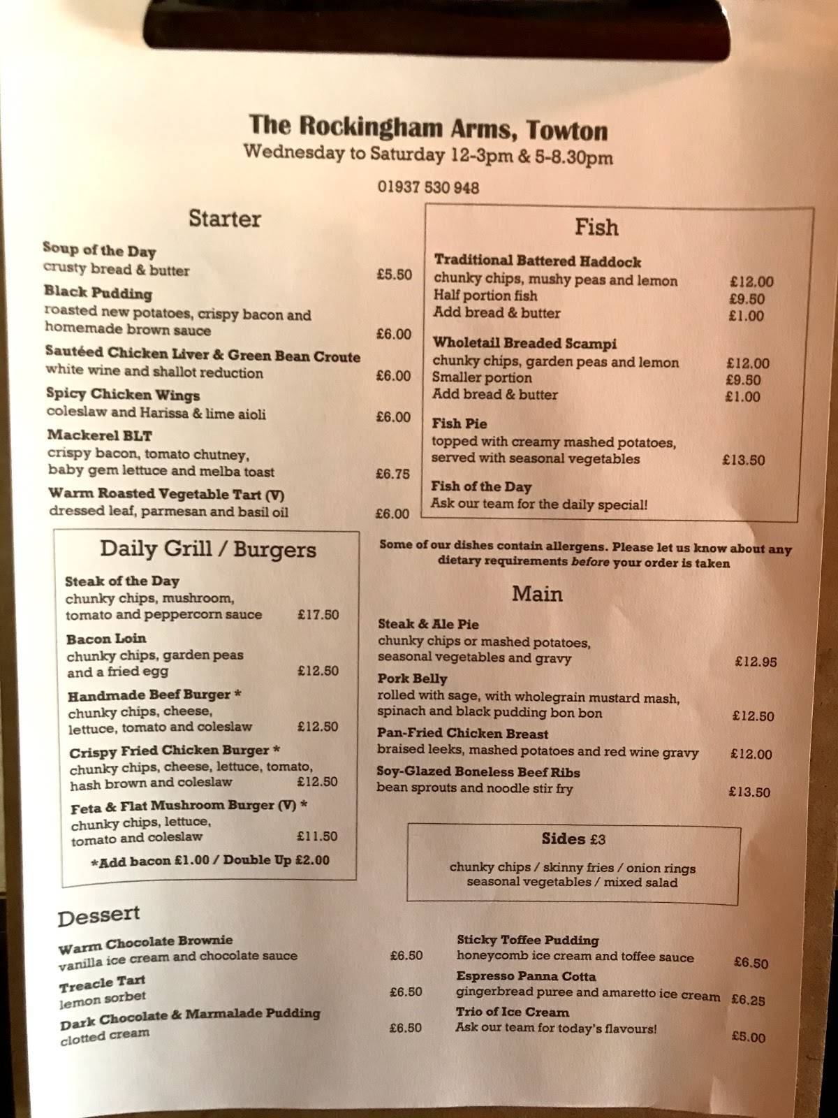 Menu at The Rockingham Arms Towton pub & bar, Tadcaster