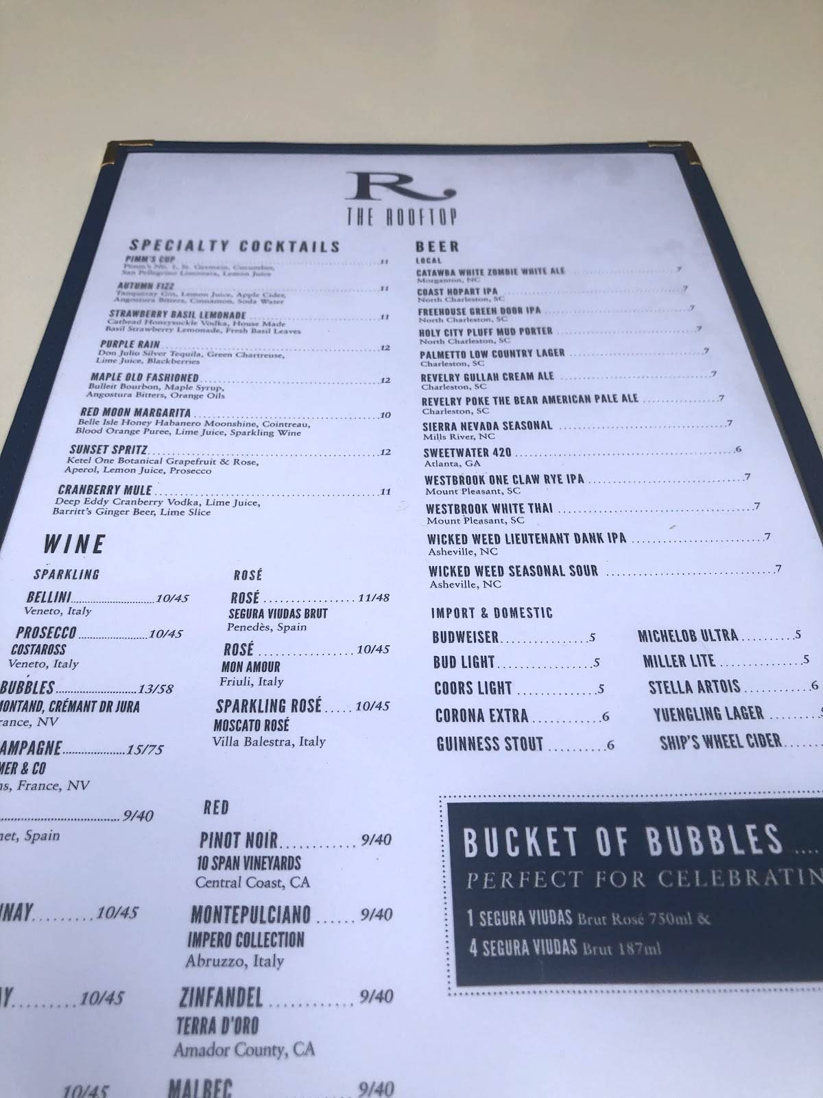Menu at The Rooftop at the Vendue pub & bar, Charleston