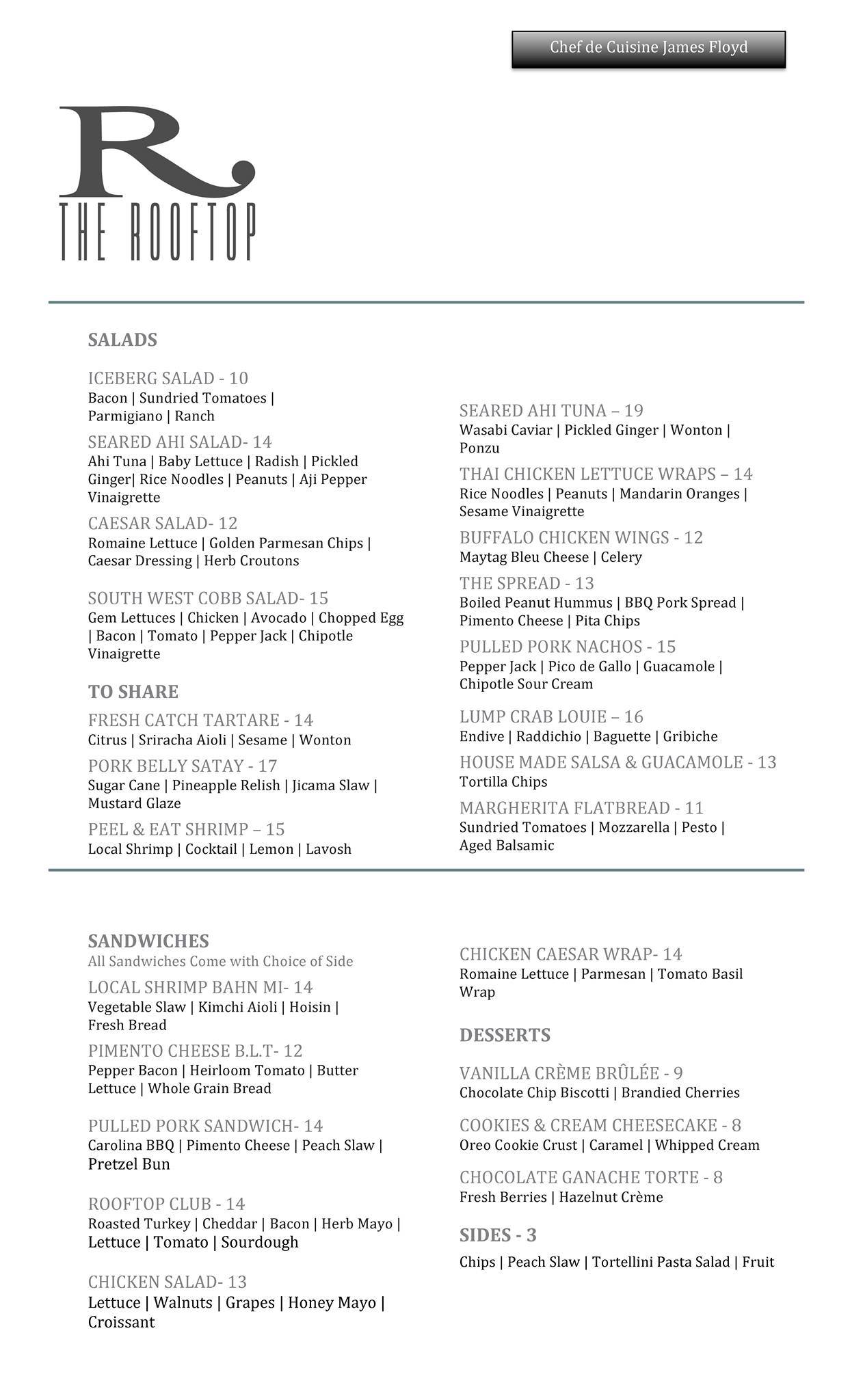 Menu at The Rooftop at the Vendue pub & bar, Charleston