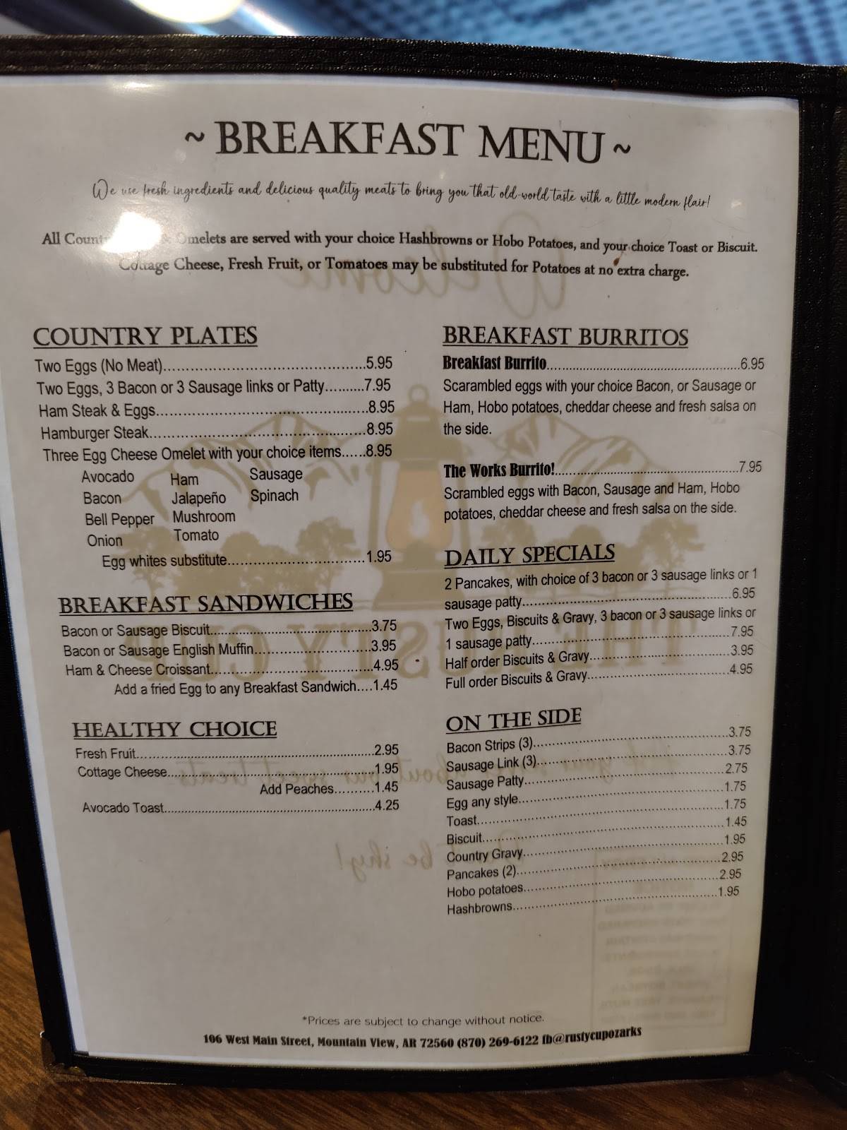 Menu at The Rusty Cup - Ozarks cafe, Mountain View