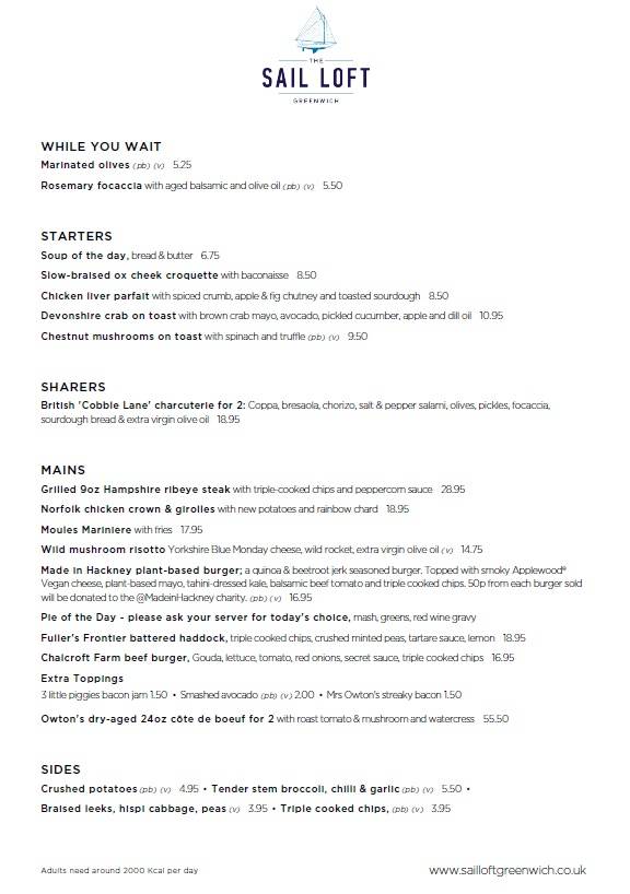 Menu at The Sail Loft, Greenwich pub & bar, London, 11 Victoria Parade