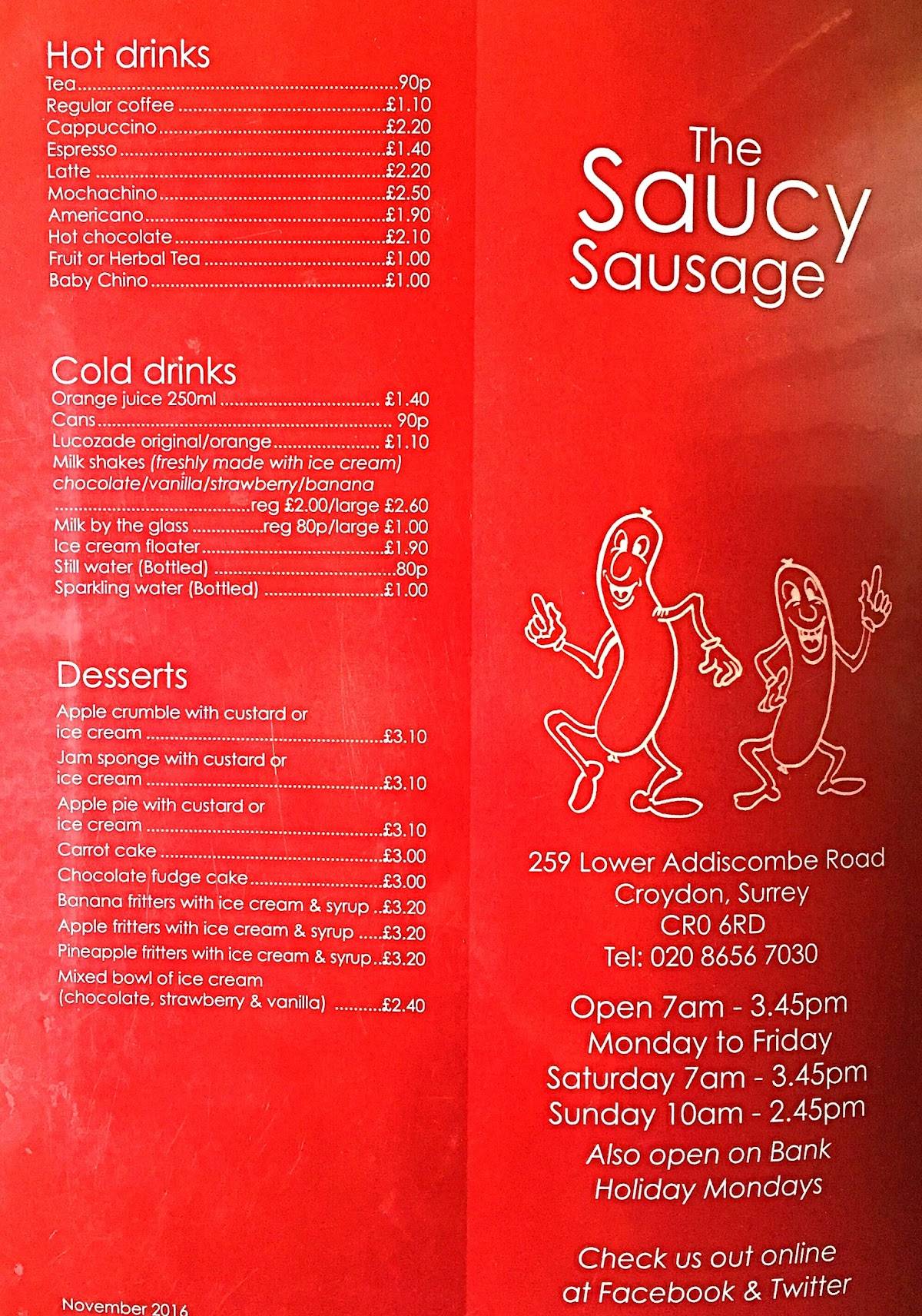 Menu at The Saucy Sausage cafe, Croydon, 259 Lower Addiscombe Rd