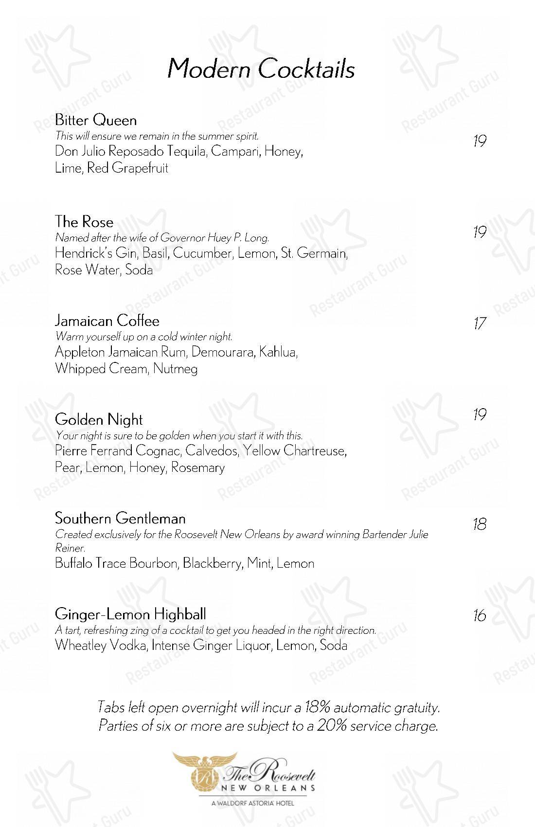 Menu at The Sazerac Bar, New Orleans