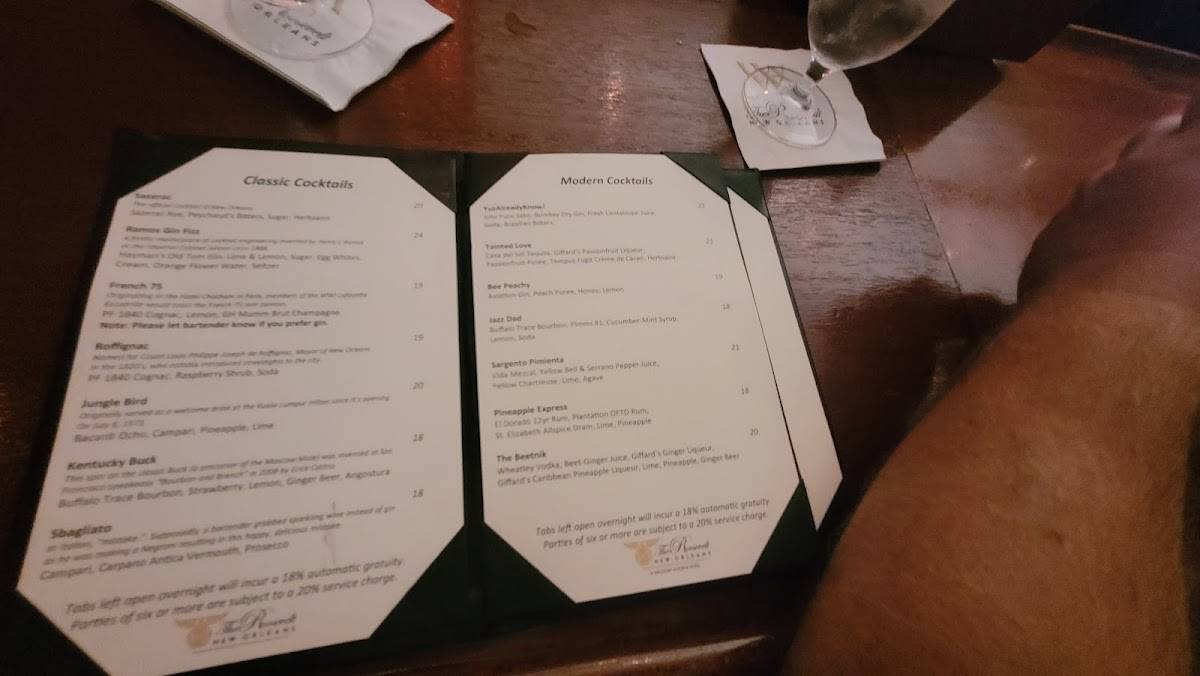 Menu at The Sazerac Bar, New Orleans