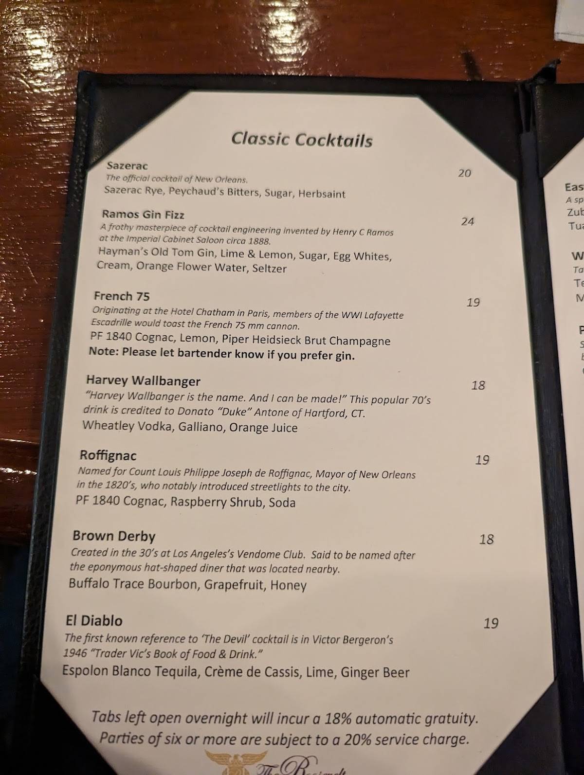 Menu at The Sazerac Bar, New Orleans