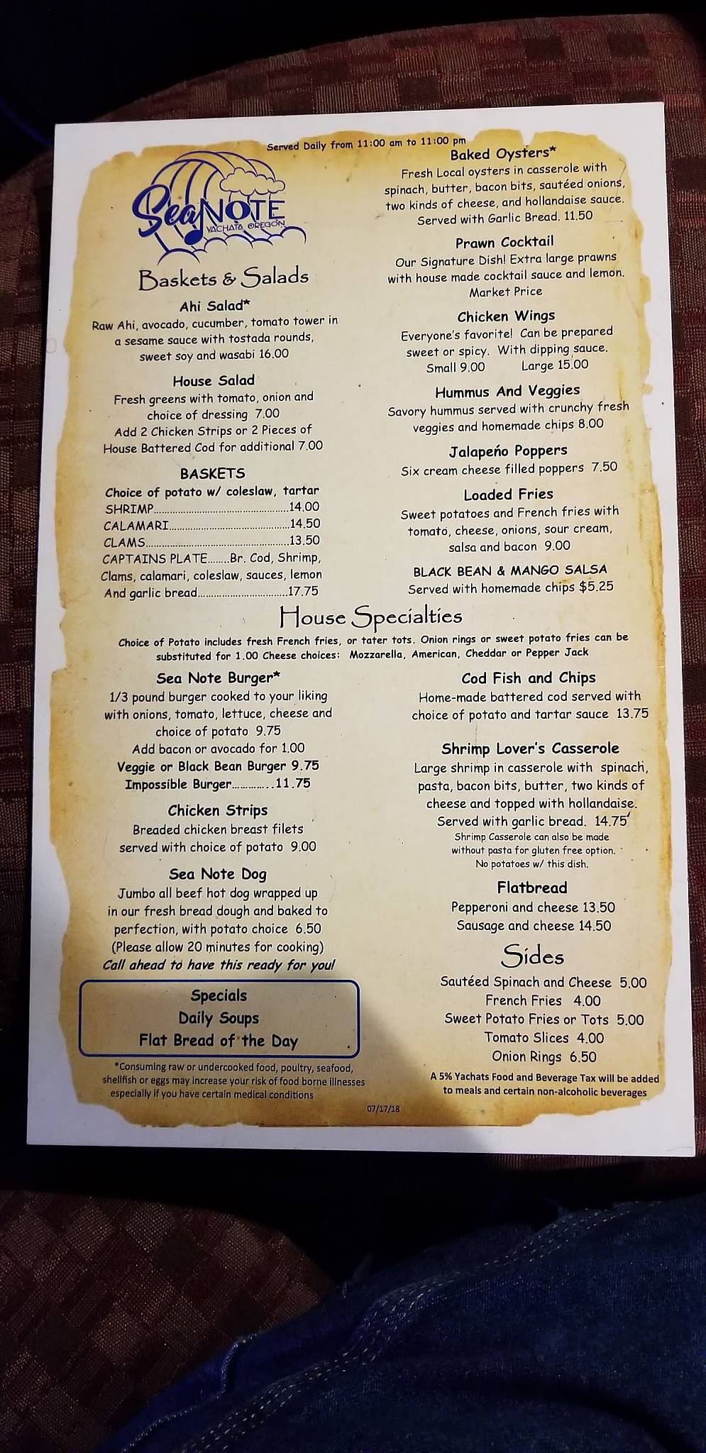 Menu at The Sea Note Restaurant & Lounge, Yachats