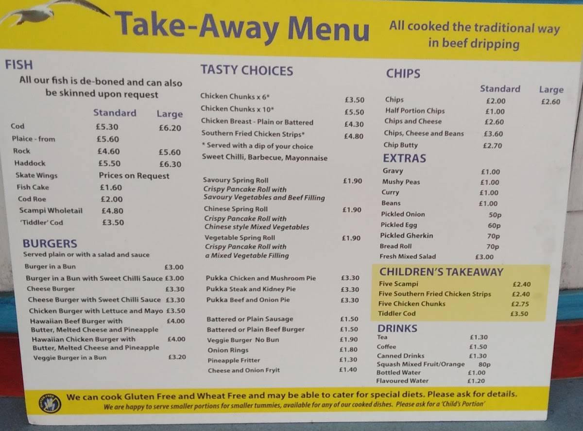 Menu at The Sheringham Trawler restaurant, Sheringham