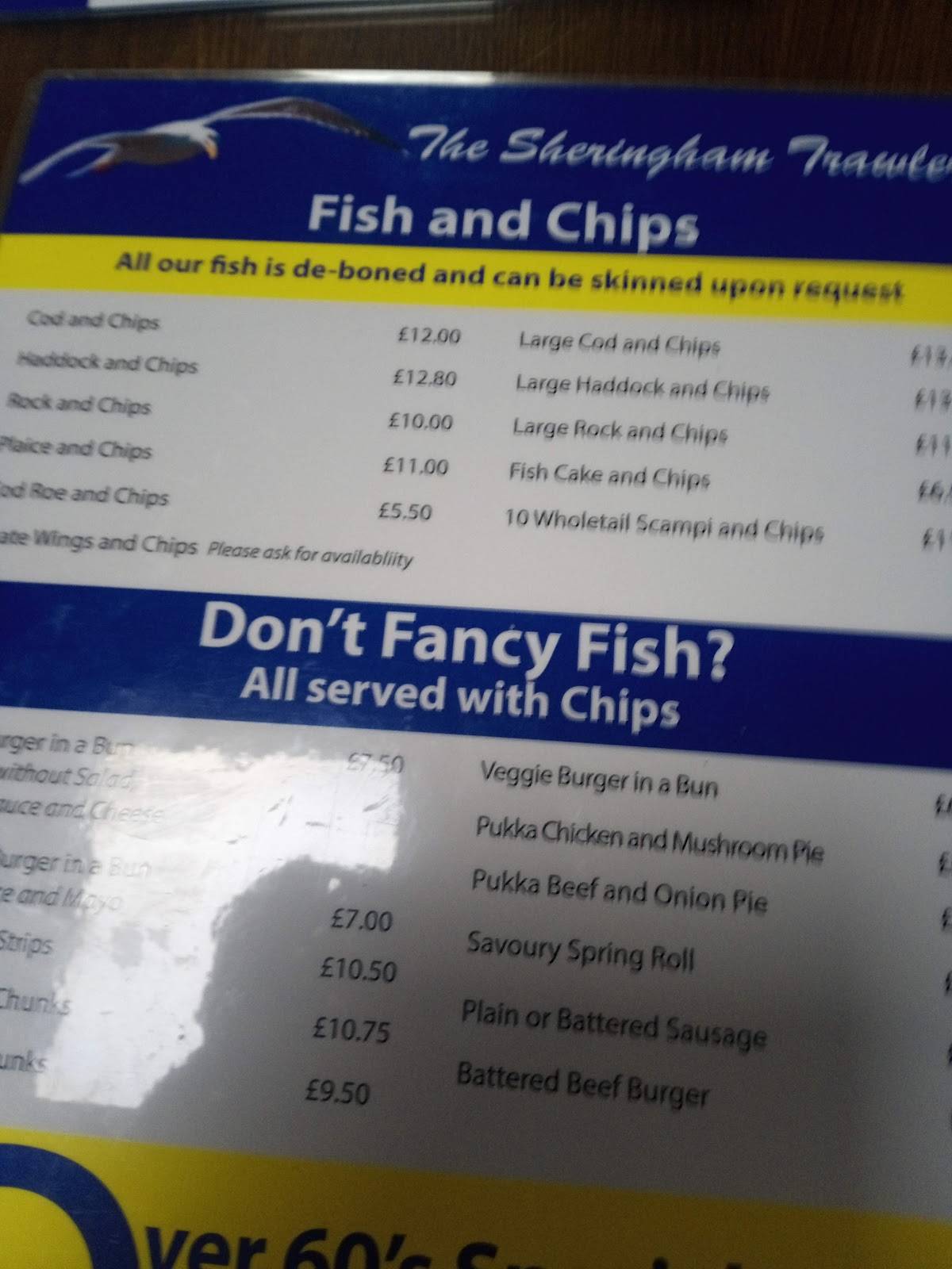 Menu at The Sheringham Trawler restaurant, Sheringham