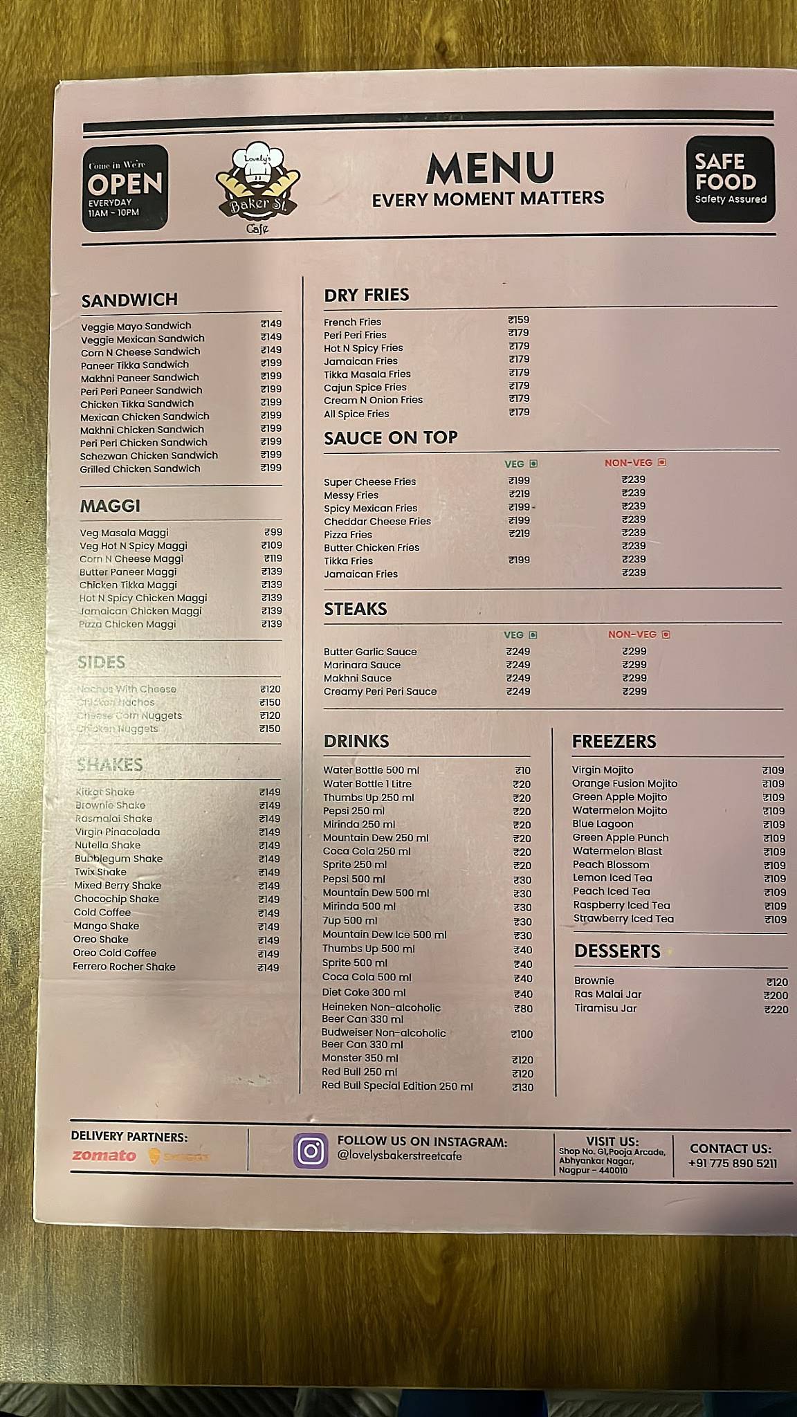 Menu at The Square One Café, Nagpur
