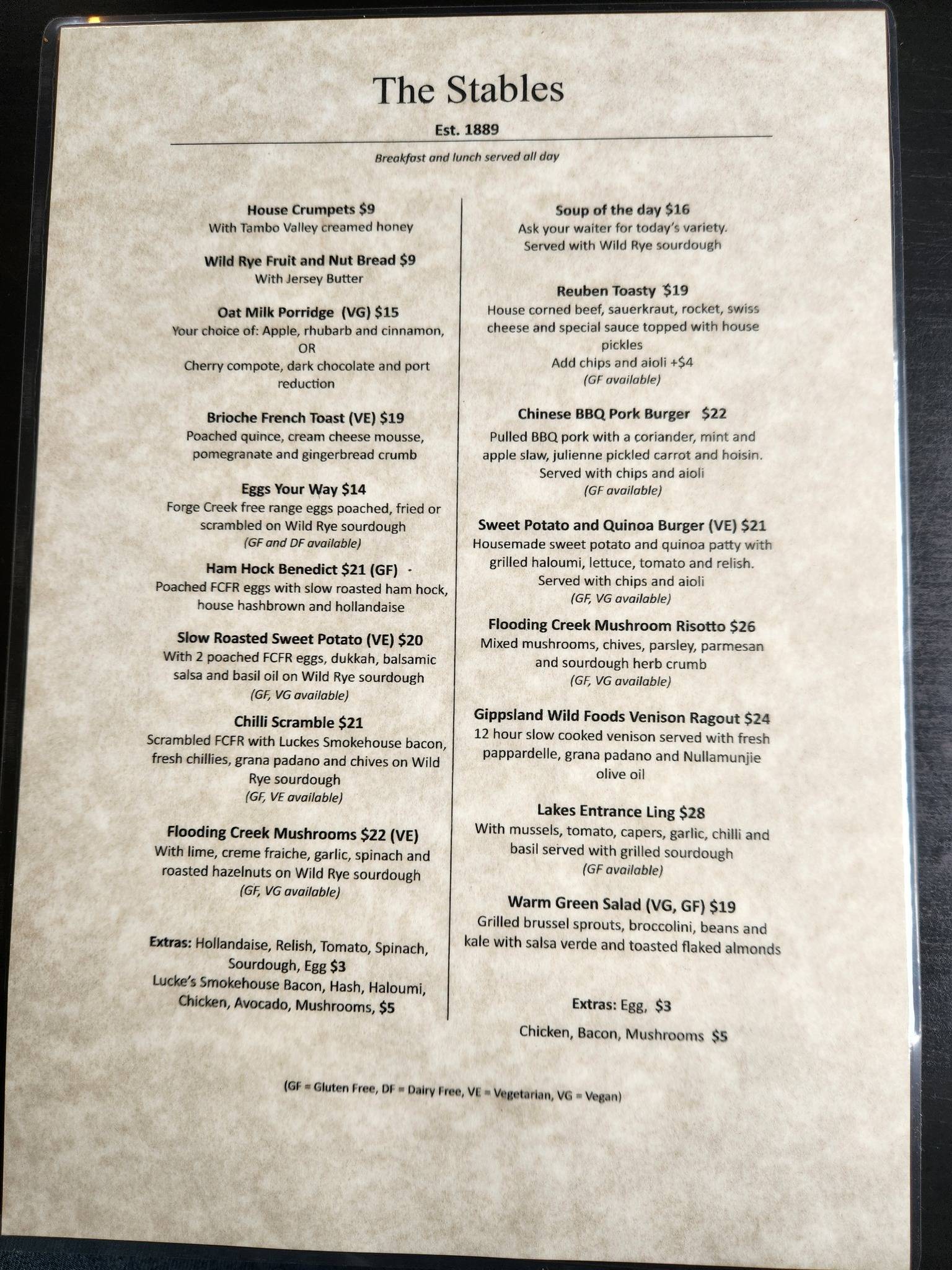 Menu at The Stables Cafe Est 1889, Bairnsdale