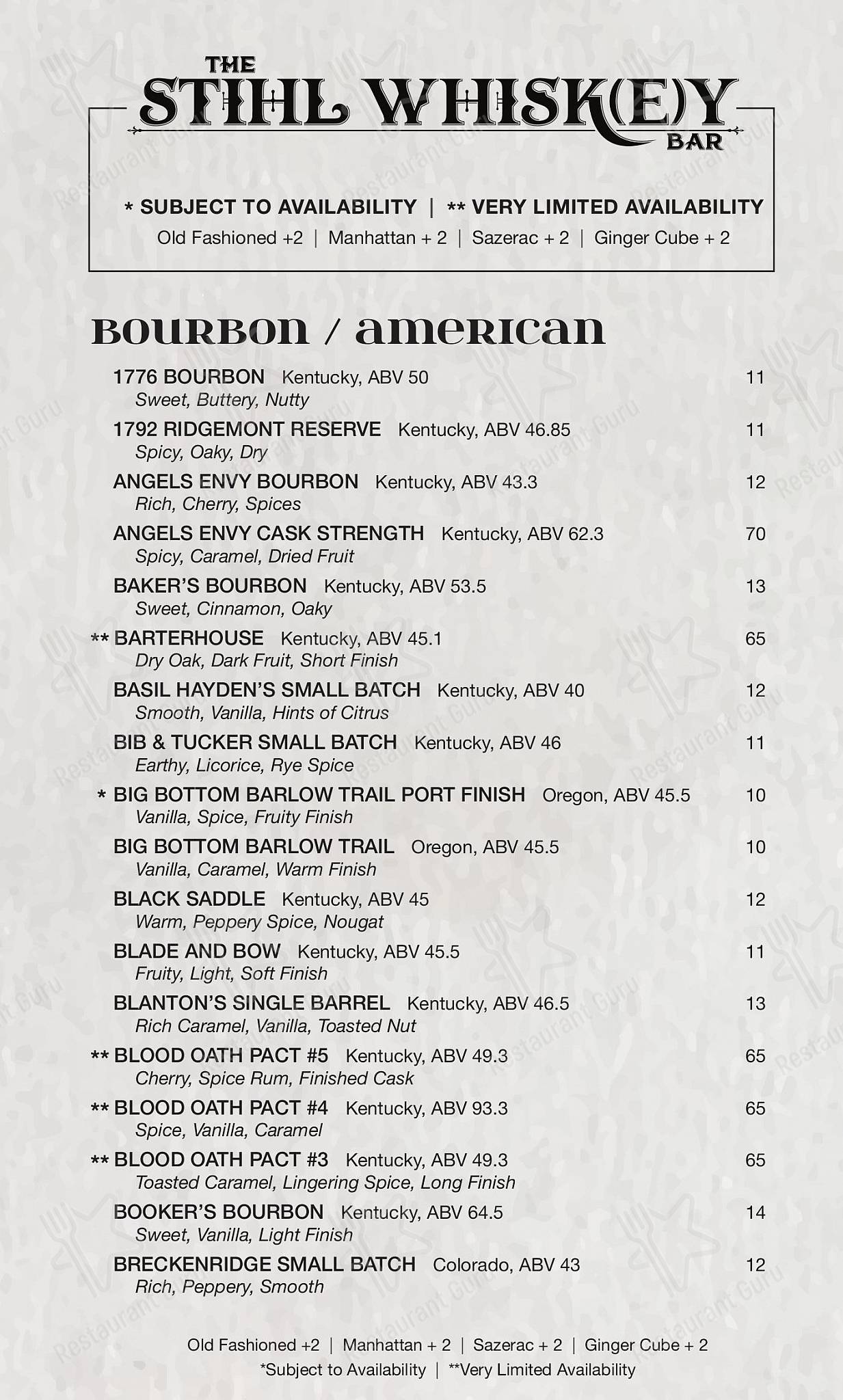 Menu at The Stihl Whiskey Bar, Bend