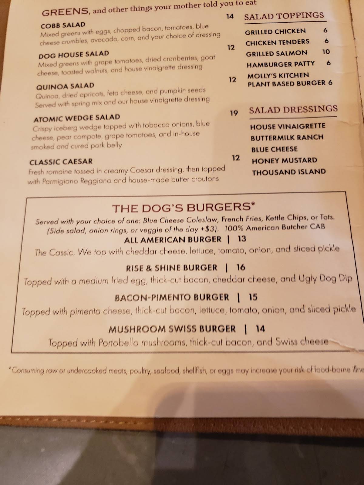 Menu at The Ugly Dog Pub-Cashiers, Cashiers