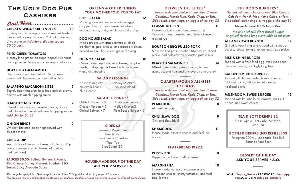 Menu at The Ugly Dog Pub-Cashiers, Cashiers