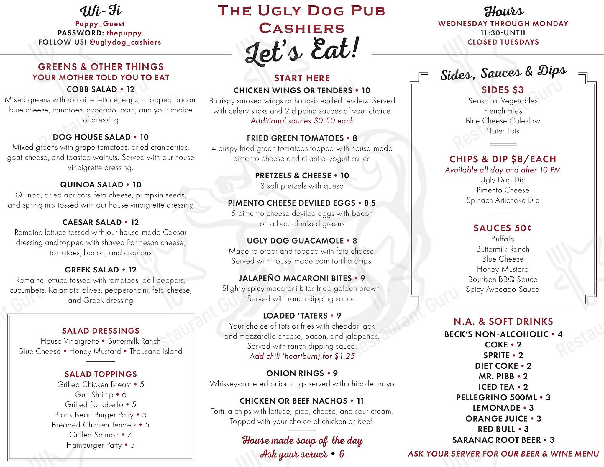 Menu at The Ugly Dog Pub-Cashiers, Cashiers