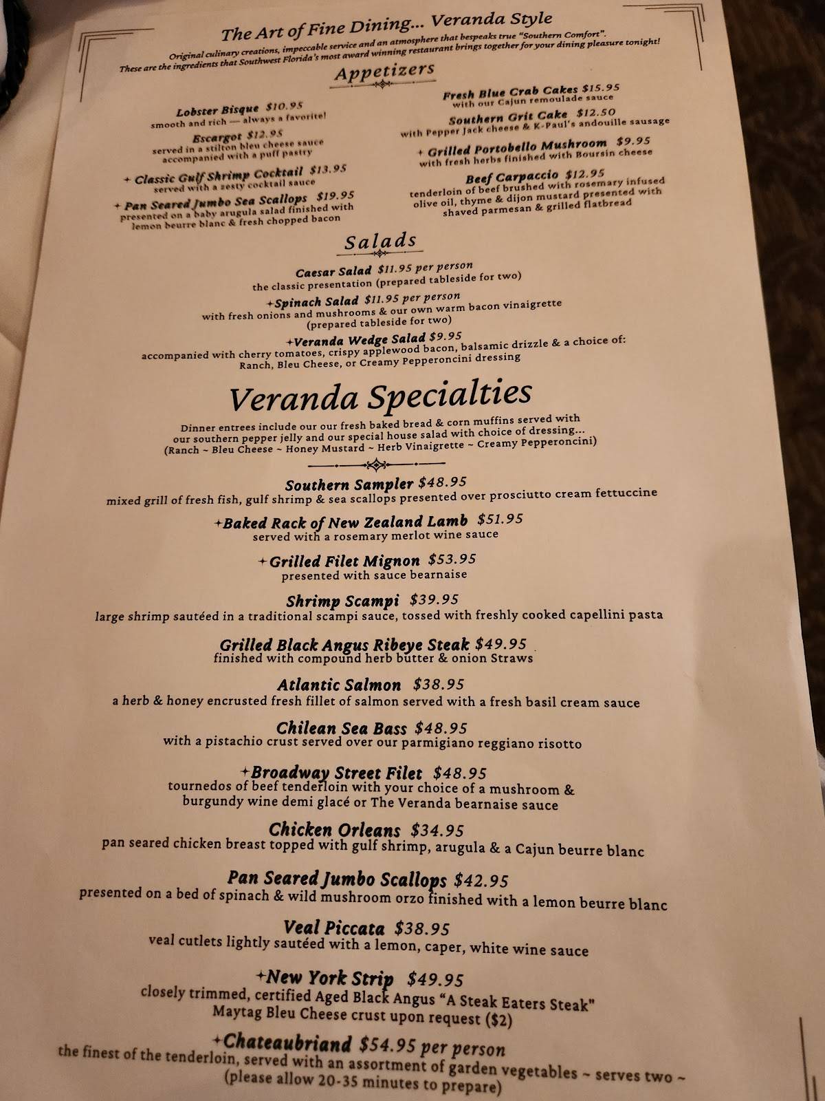 Menu at The Veranda steakhouse, Fort Myers