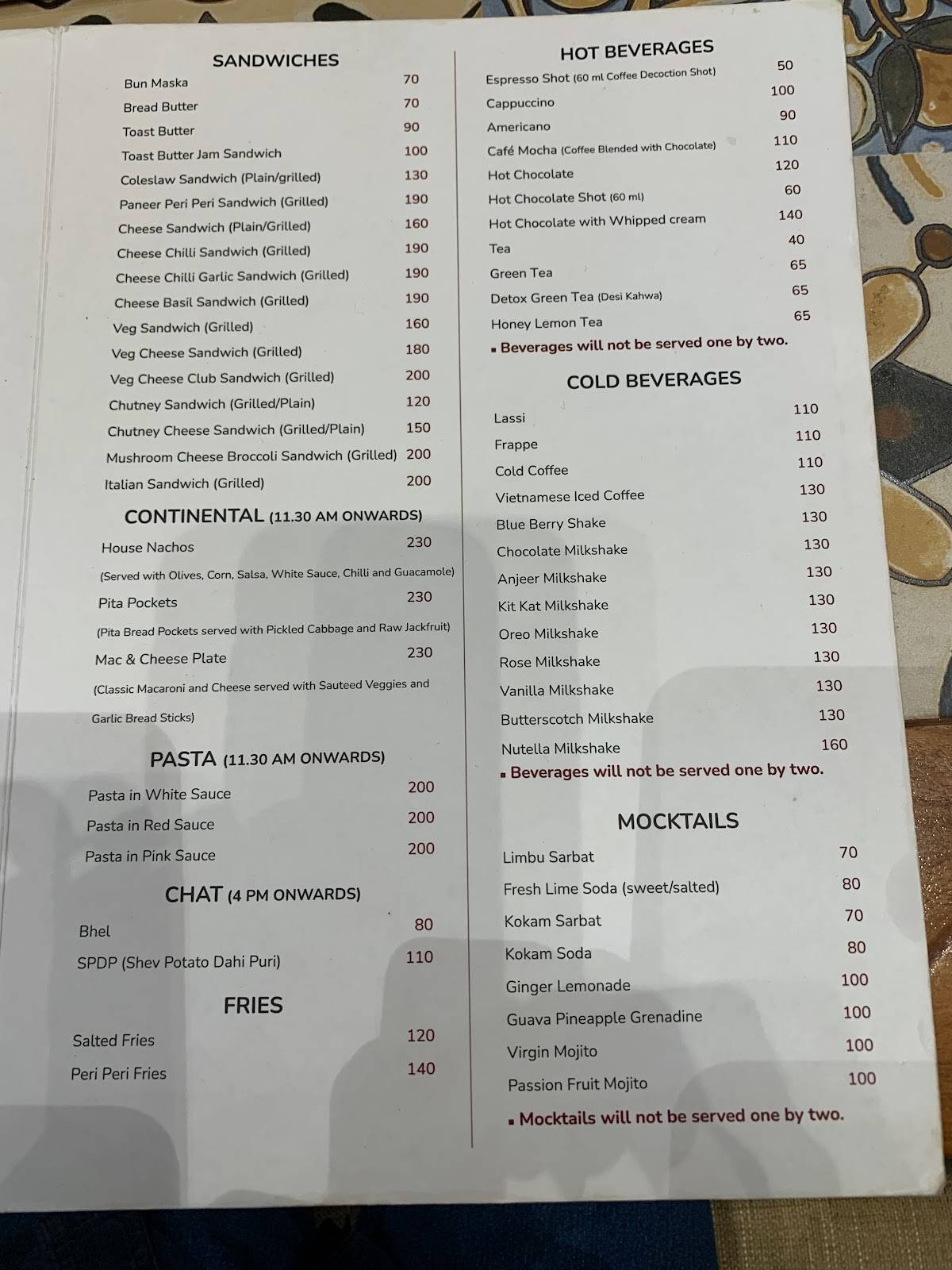 Menu at Verandah, Pune