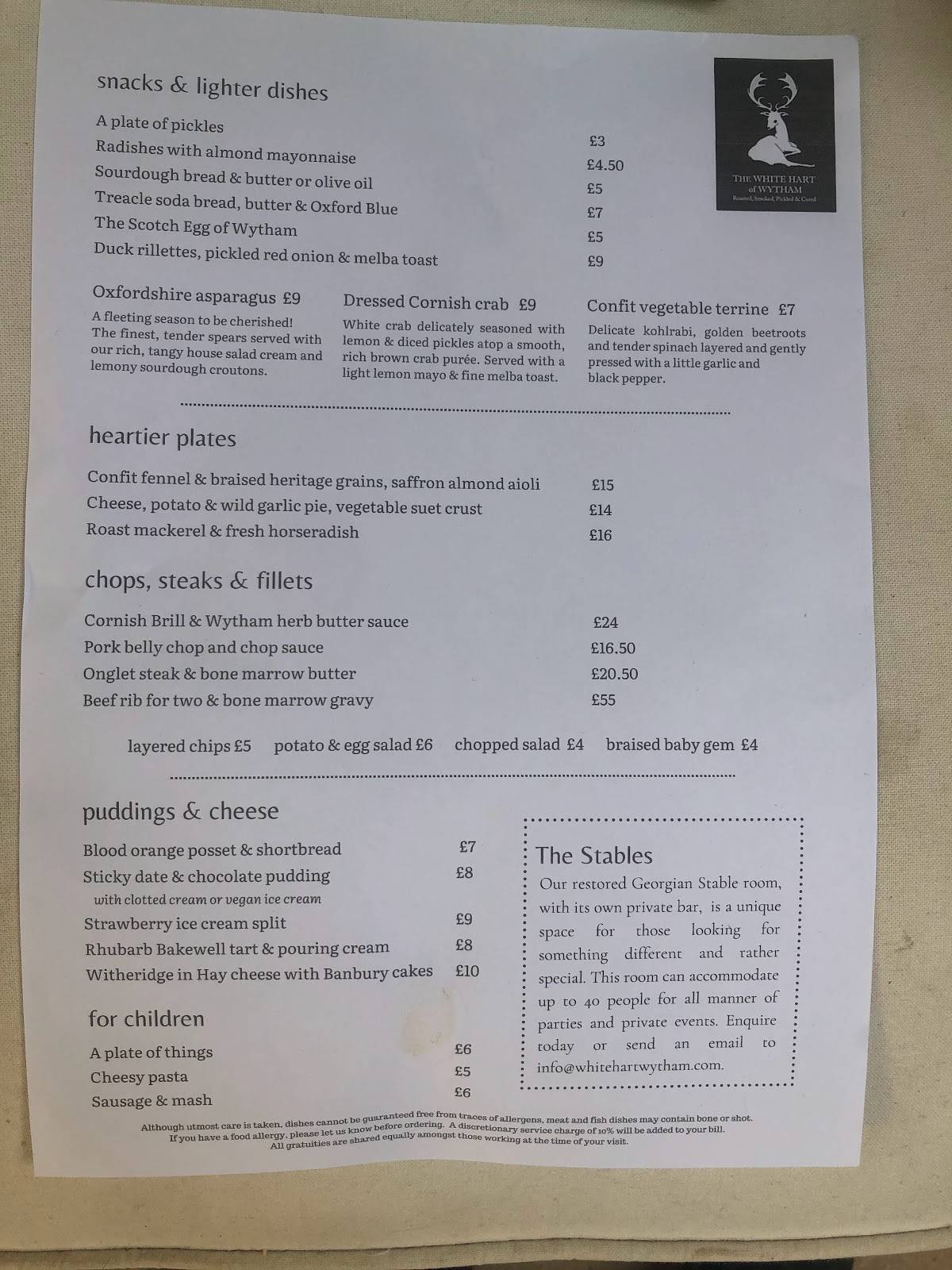 Menu at The White Hart of Wytham pub & bar, Oxford