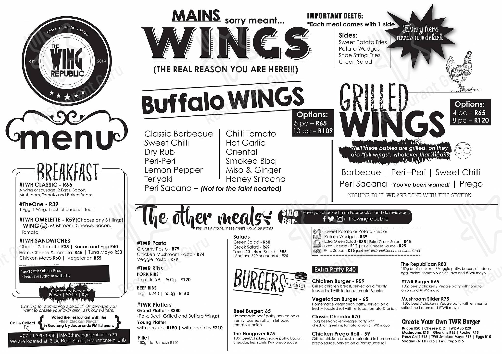 Menu at The Wing Republic, Johannesburg, 6 De Beer St