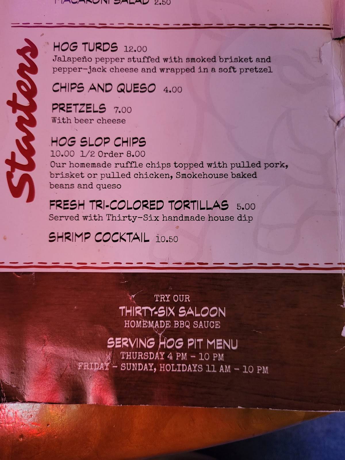 Menu at Thirty Six Saloon pub & bar, Rockville, 108 E Ohio St