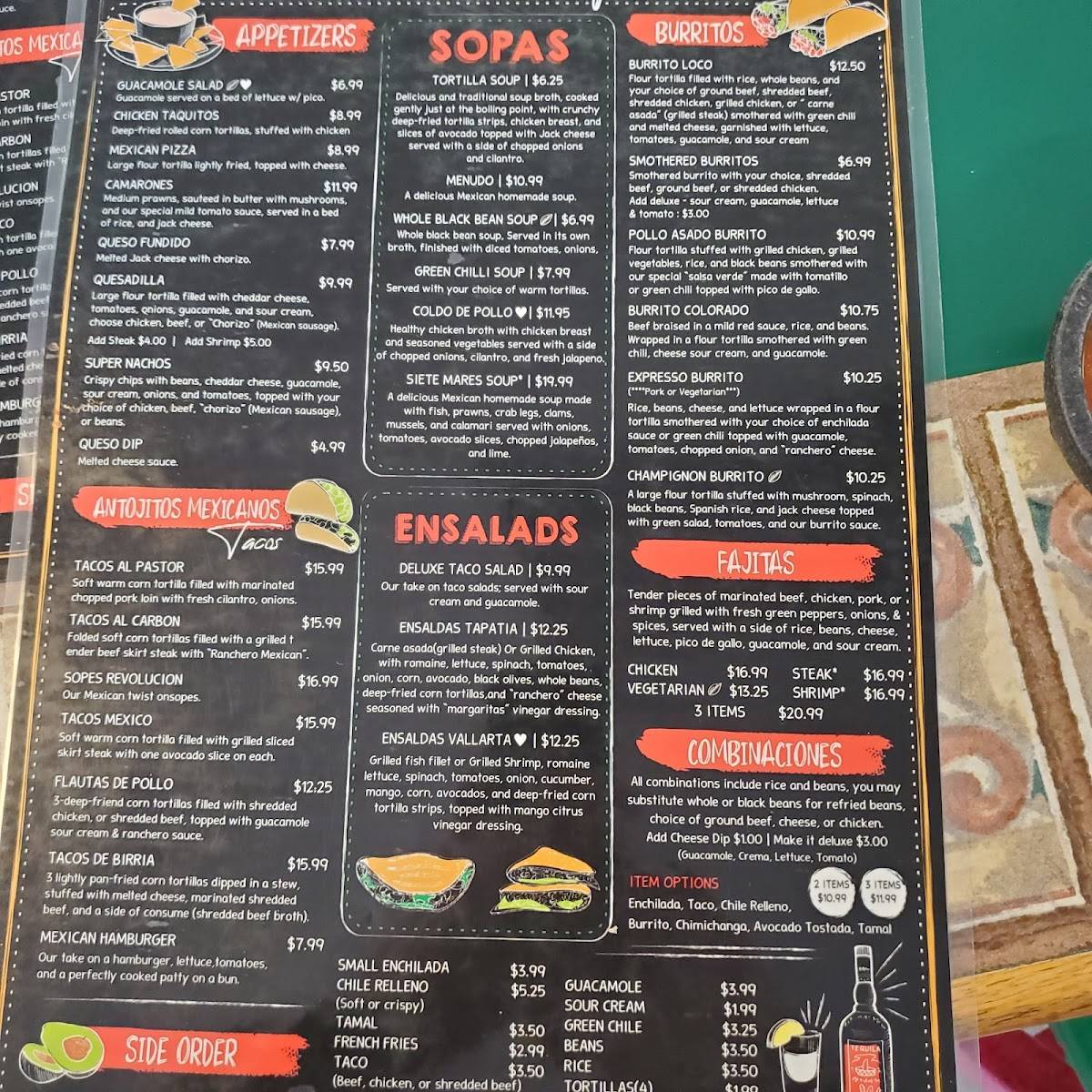 Menu at Three Margaritas restaurant, Sidney, Silverberg Dr a