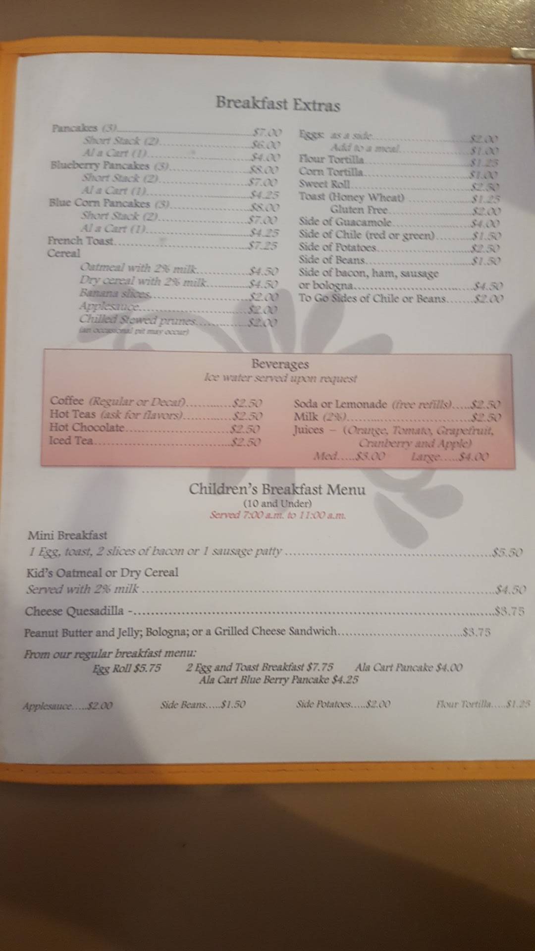 Menu at Tia Sophia's restaurant, Santa Fe