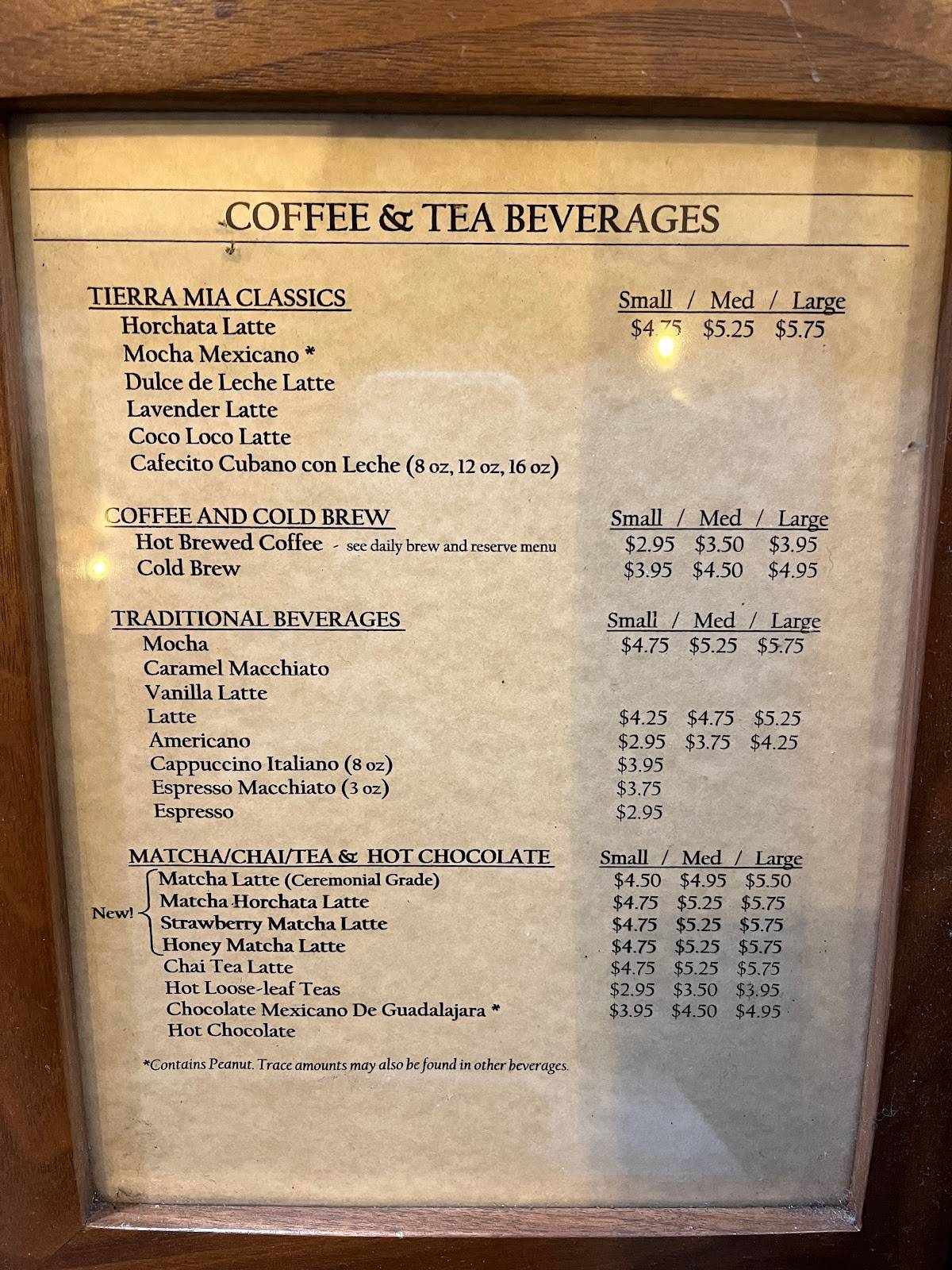 Menu at Tierra Mia Coffee Drive Thru restaurant, Huntington Park