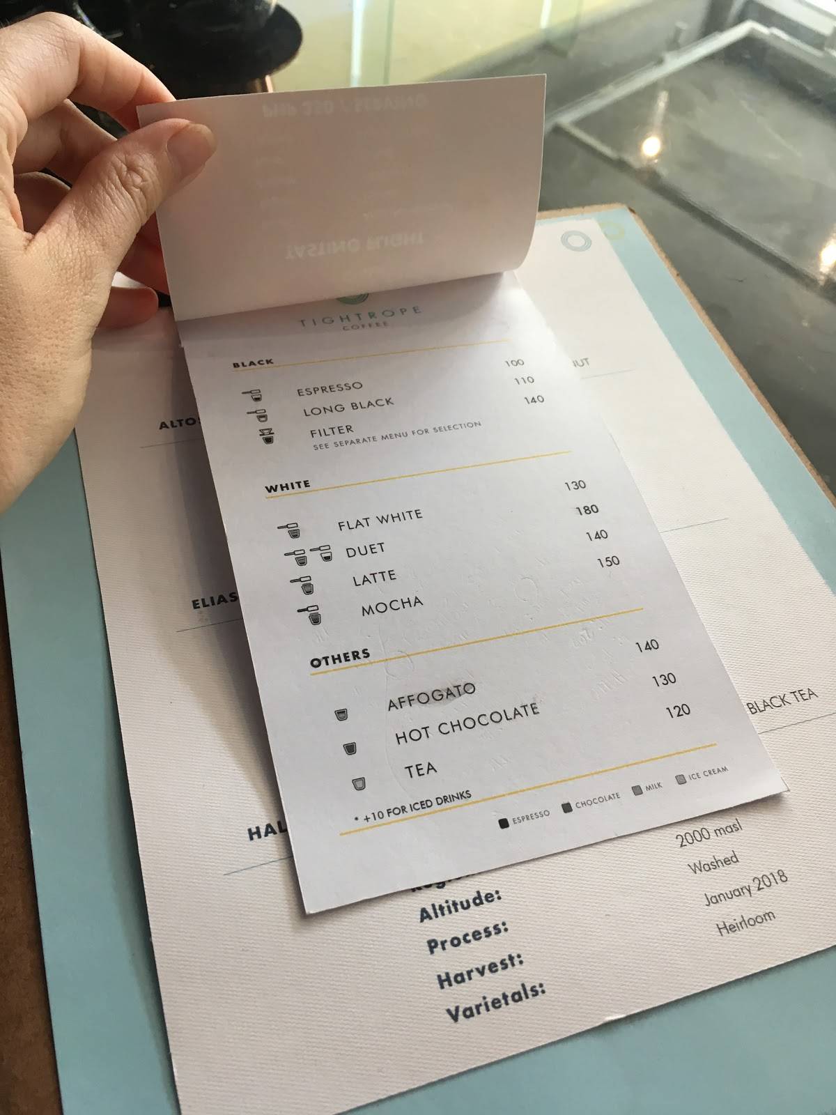Menu at Tightrope Coffee cafe, Cebu City, M. L. Quezon Avenue
