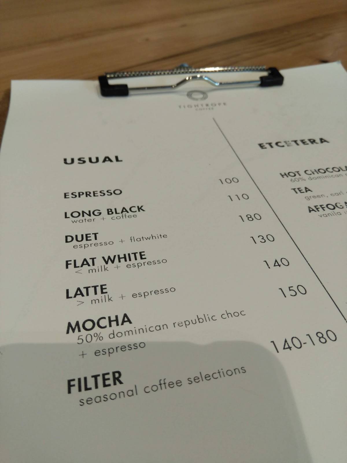 Menu at Tightrope Coffee cafe, Cebu City, M. L. Quezon Avenue