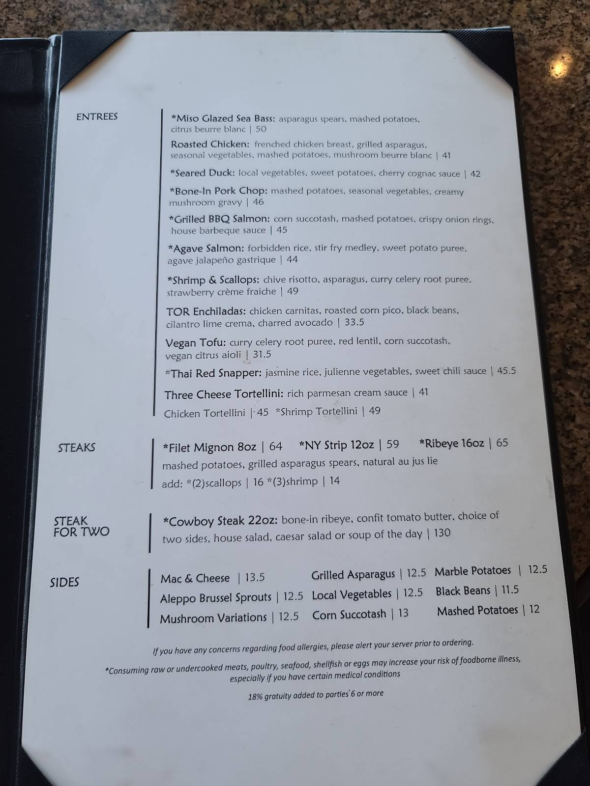 Menu at Top of the Rock Restaurant, Tempe