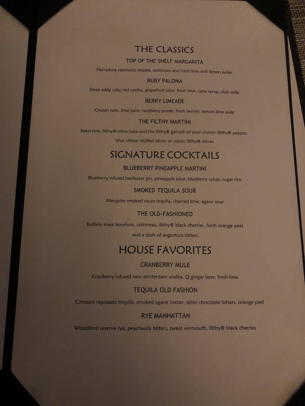 Menu at Top of the Rock Restaurant, Tempe